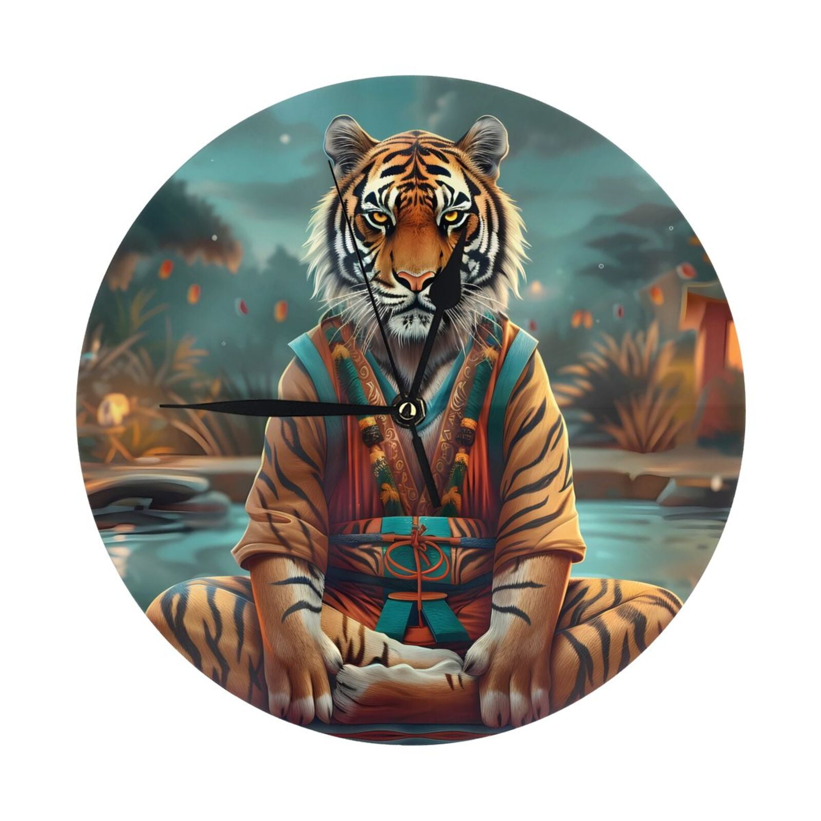 Wall Clock, Pond Meditating Tiger Wall Clocks Battery Operated Silent ...