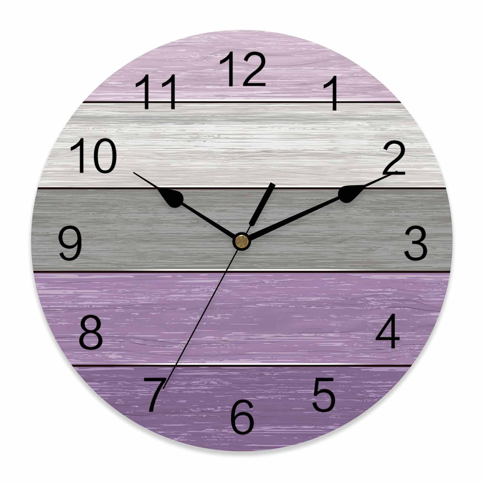 Wall Clock Purple Grey Wood Grain Clocks PVC Silent Non-Ticking Battery ...