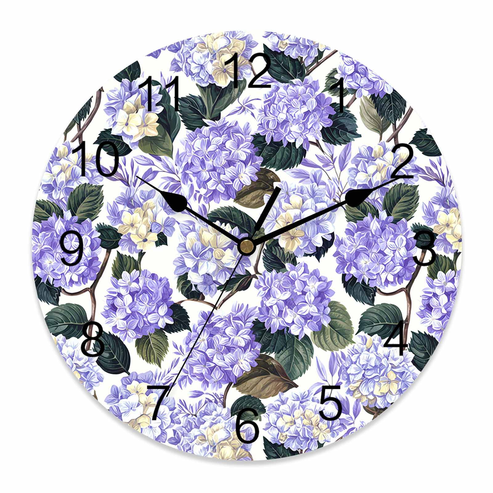 Wall Clock Purple Hydrangea Floral Clocks PVC Silent Non-Ticking ...