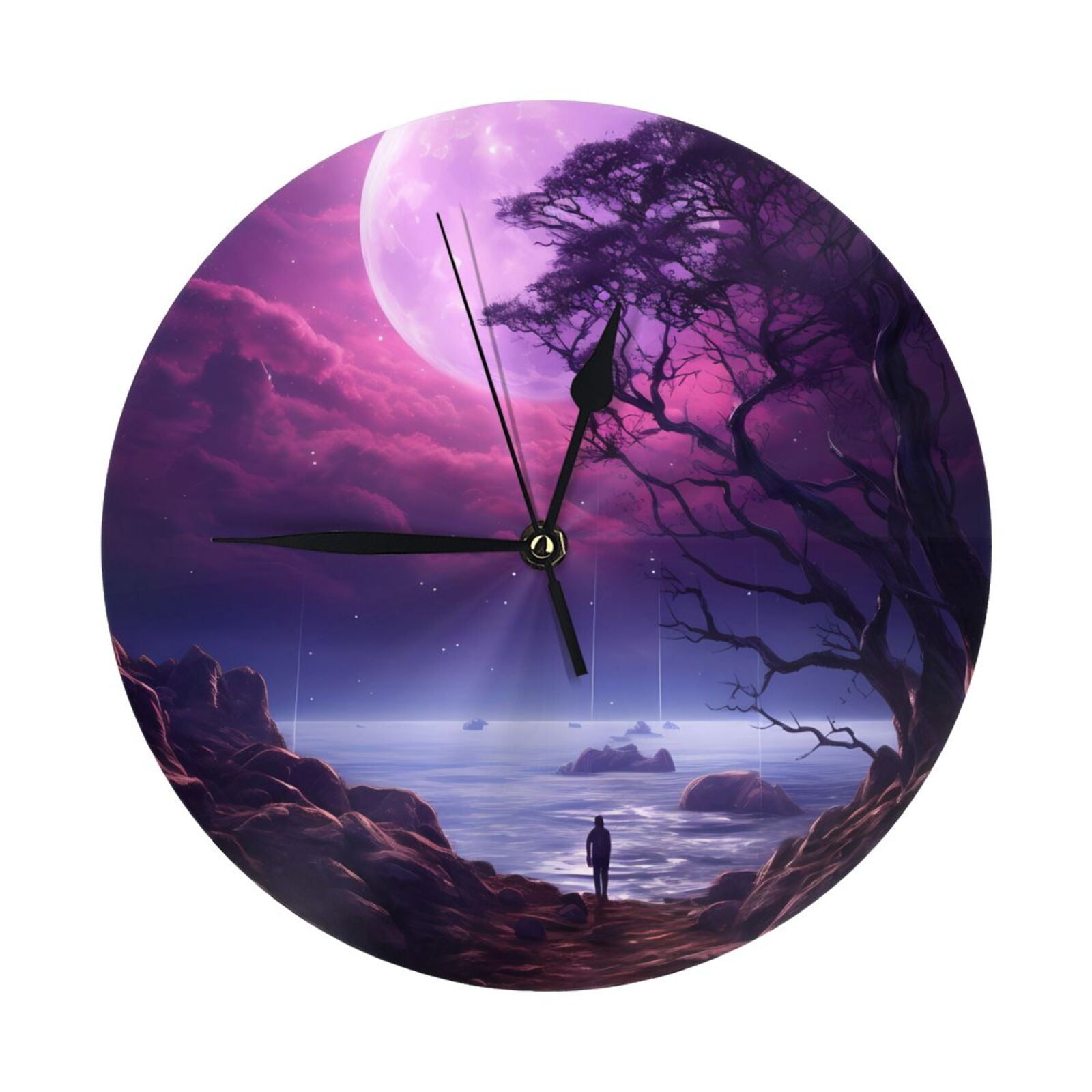 Wall Clock, Purple Moon Tree Night Sky Wall Clocks Battery Operated ...