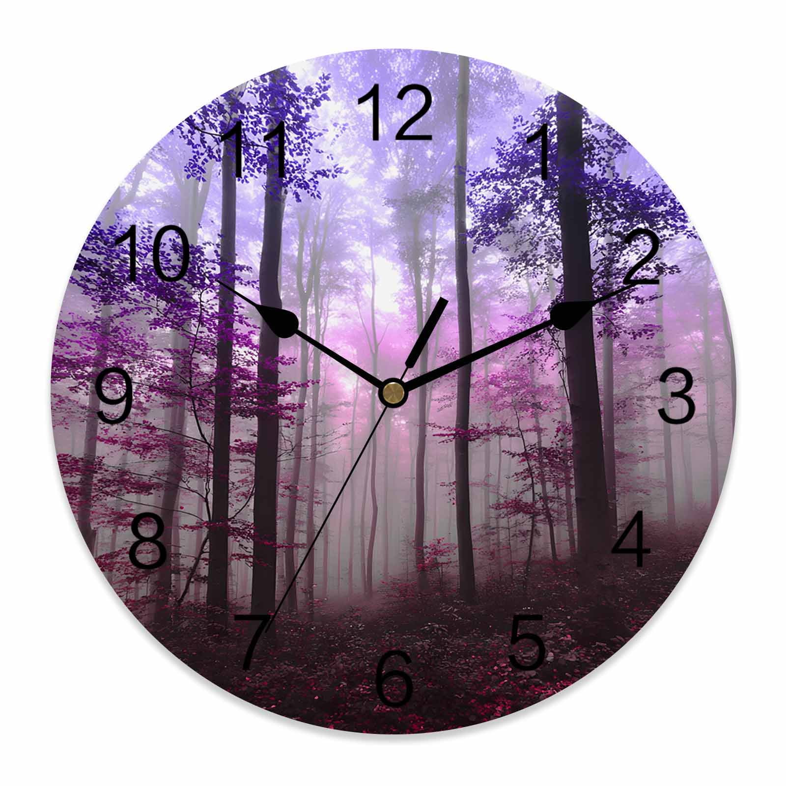 Wall Clock Purple Pink Forest Clocks PVC Silent Non-Ticking Battery ...