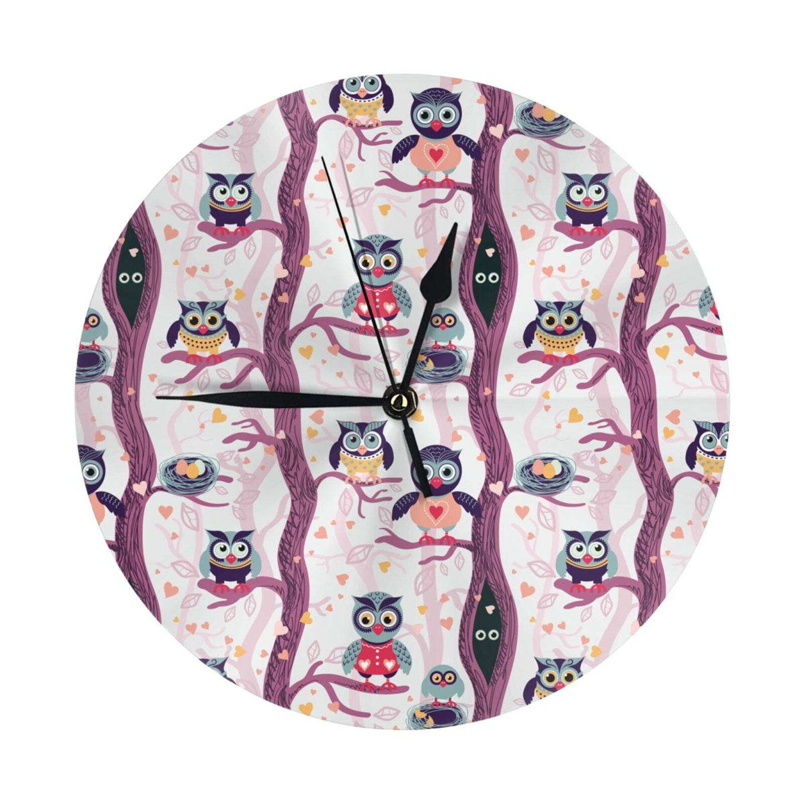 Wall Clock, Purple Tree Owls Wall Clocks Battery Operated Silent ...