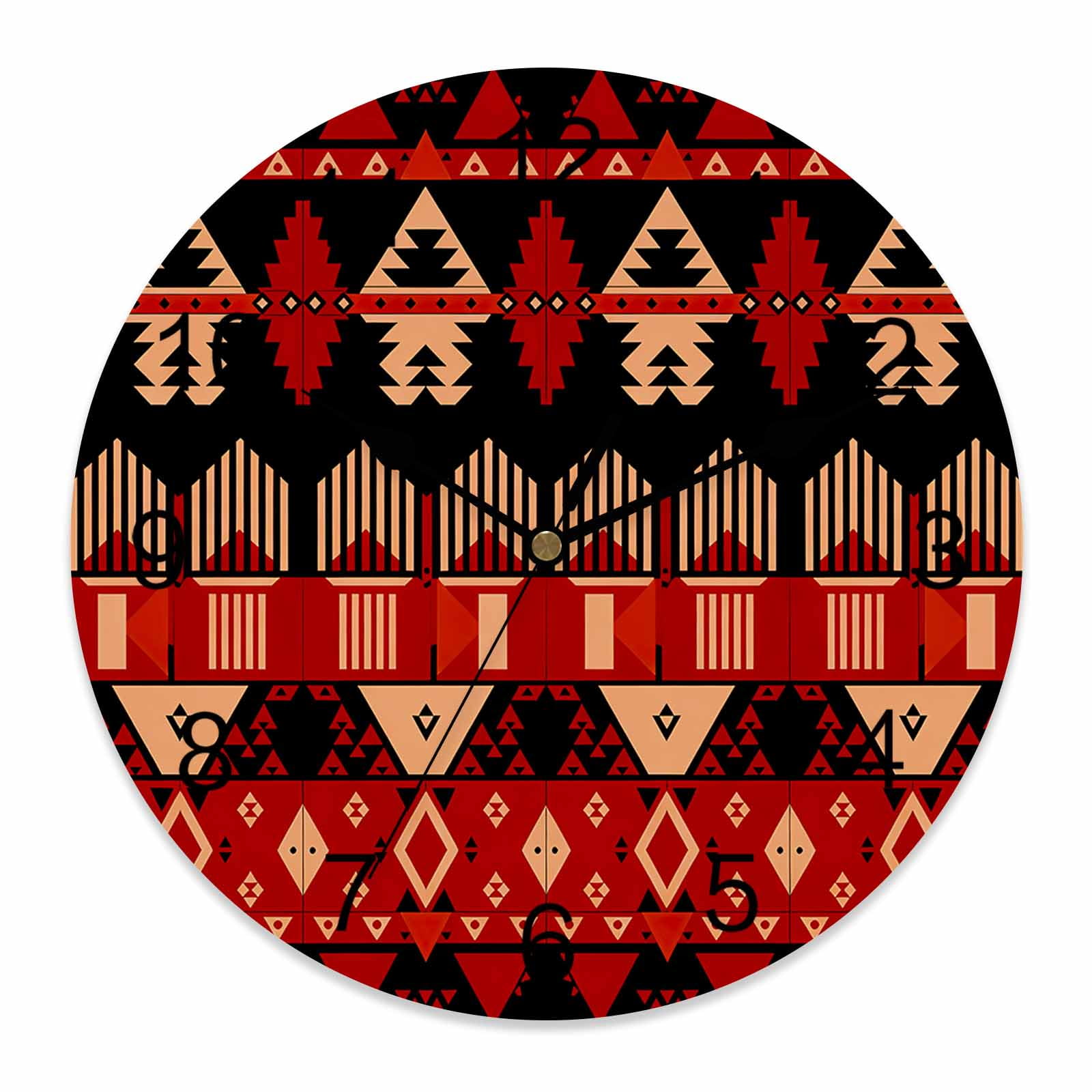 Wall Clock Red Aztec Boho Clocks PVC Silent Non-Ticking Battery ...