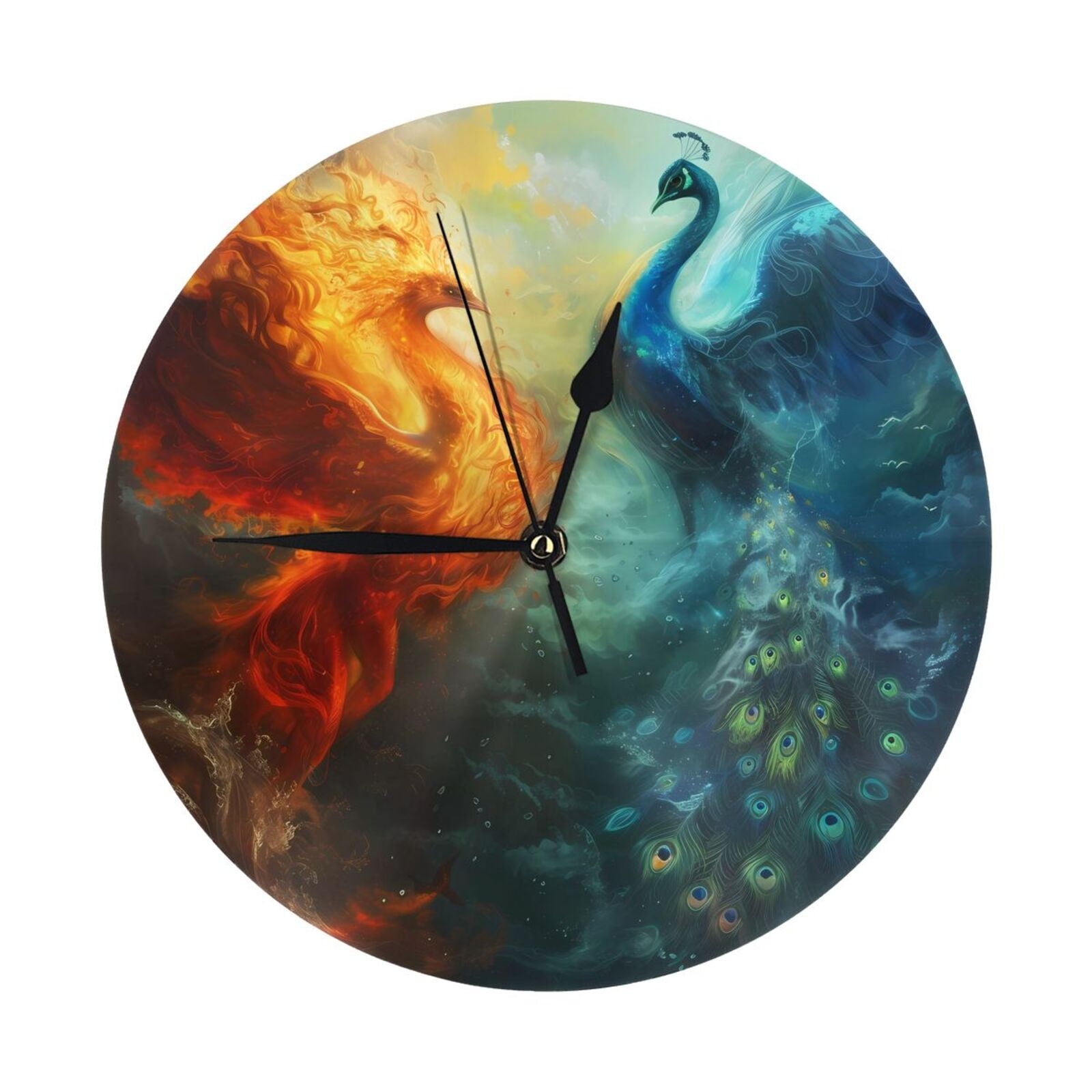 Wall Clock, Red and Blue Fire Peacock Wall Clocks Battery Operated ...
