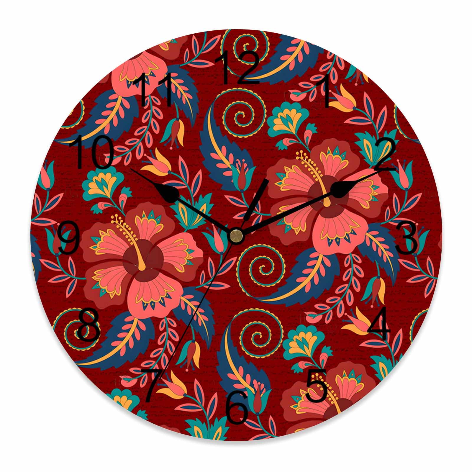 Wall Clock Red Boho Floral Clocks PVC Silent Non-Ticking Battery ...