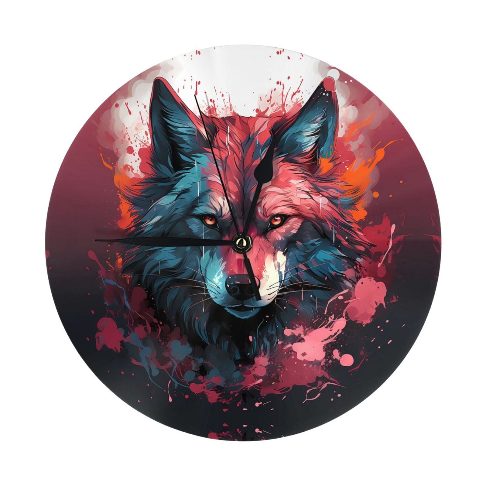 Wall Clock, Red Flame Wolf Head Wall Clocks Battery Operated Silent ...