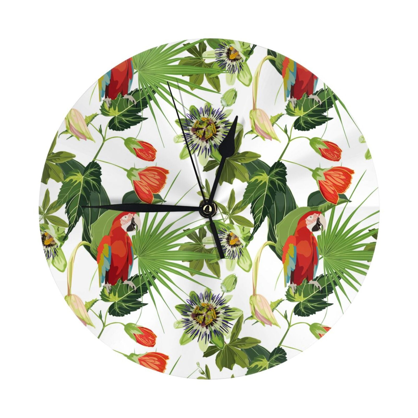 Wall Clock - Red Macaw Parrot Flower Plant 9.8 Inch Silent Non Ticking ...