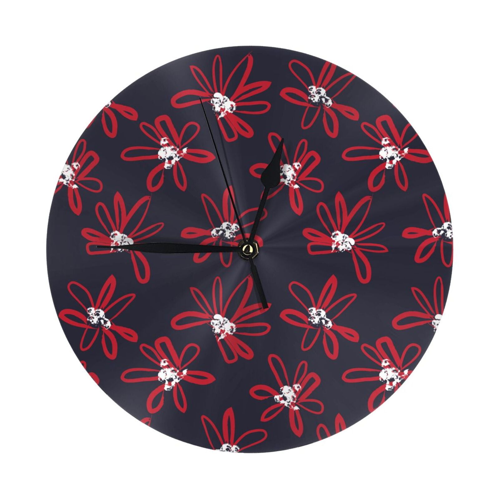 Wall Clock, Red Navy Floral Wall Clocks Battery Operated Silent Kitchen ...