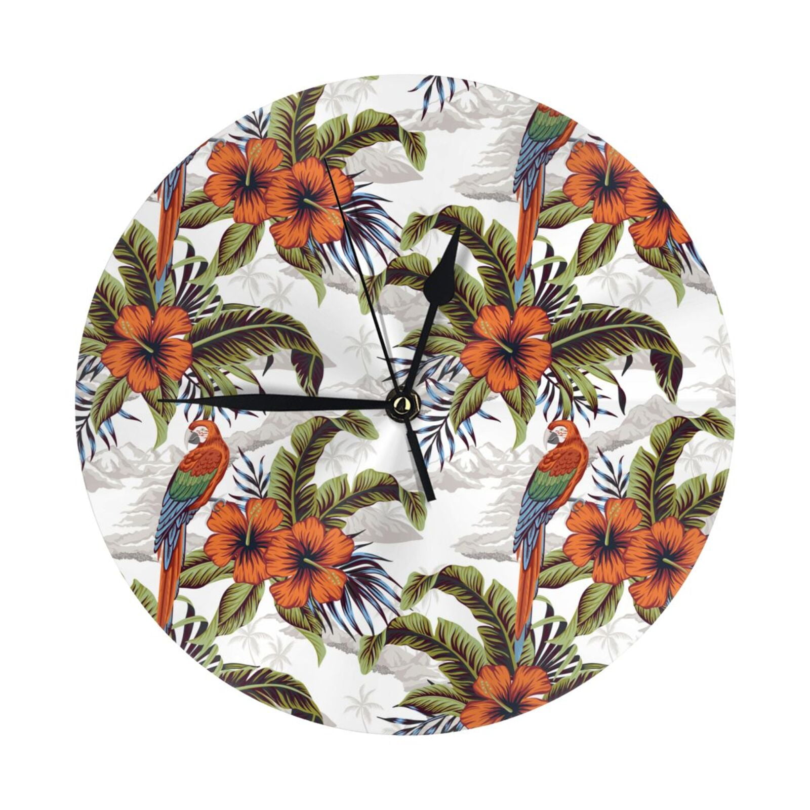 Wall Clock, Red Parrot Banana Leaf Flower Wall Clocks Battery Operated ...