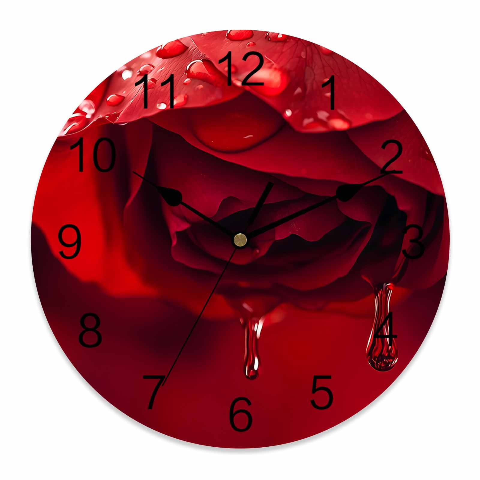 Wall Clock Red Rose Clocks PVC Silent Non-Ticking Battery Operated ...