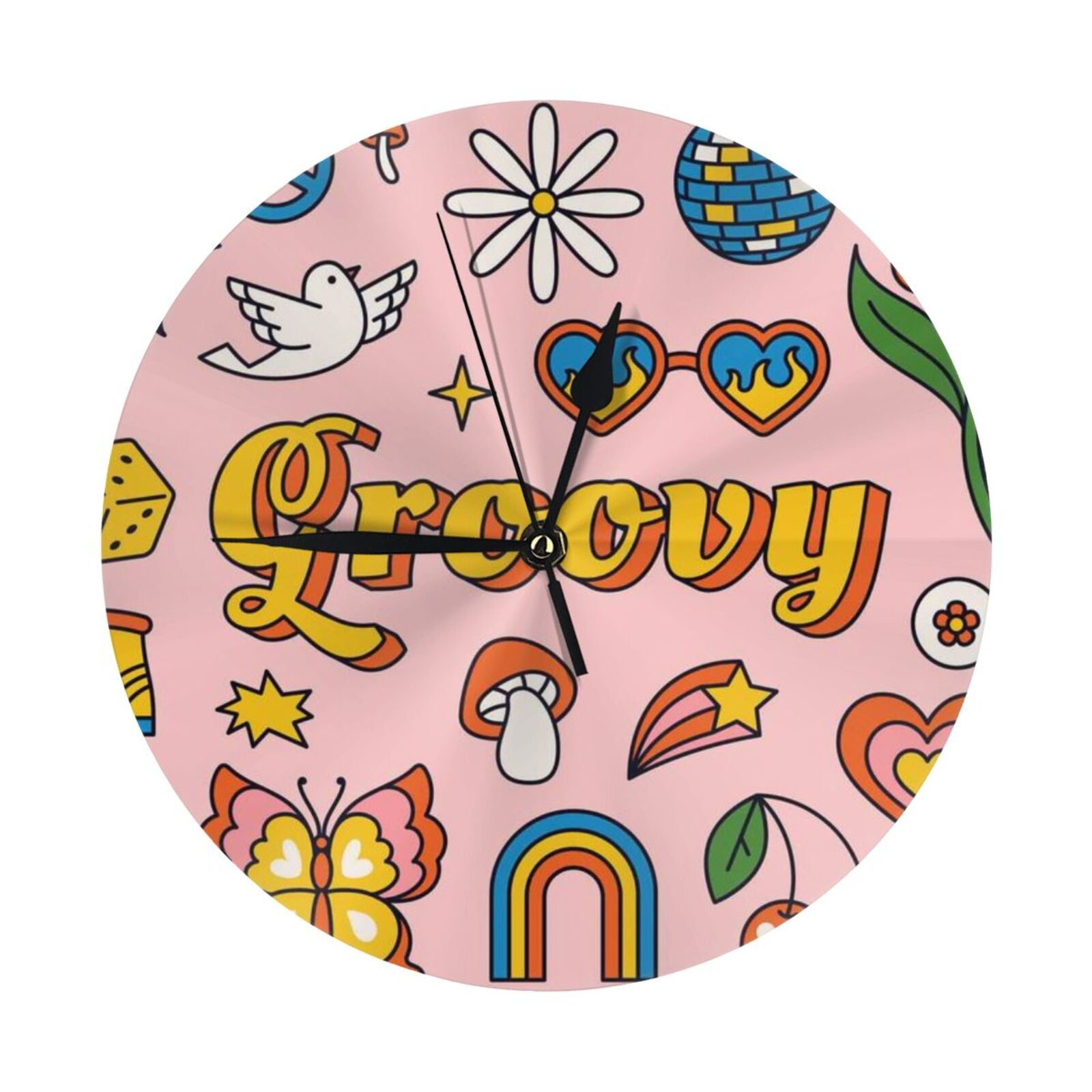 Wall Clock, Retro 70s Hippie Wall Clocks Battery Operated Silent ...