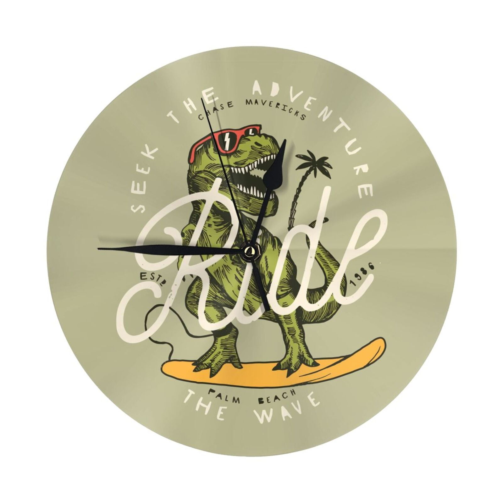 Wall Clock, Ride The Wave Dinosaur Surfer Wall Clocks Battery Operated ...