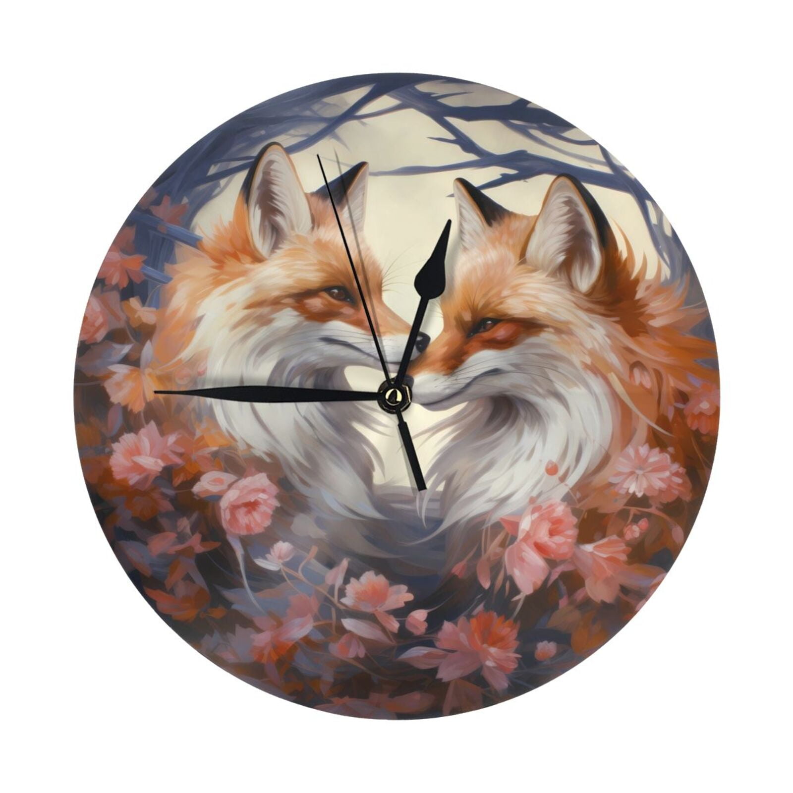 Wall Clock, Romantic Pink Flower Fox Wall Clocks Battery Operated Silent Kitchen Office Wall ...