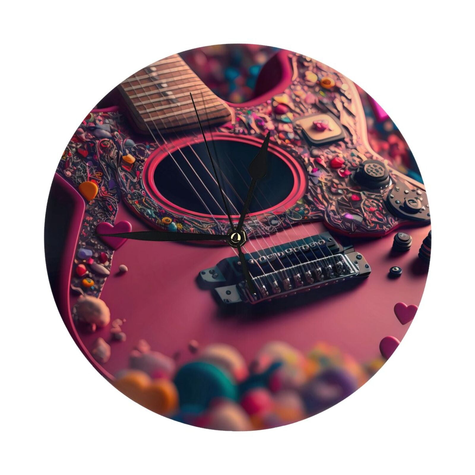 Wall Clock Romantic Pink Heart Guitar Wall Clocks Battery Operated ...