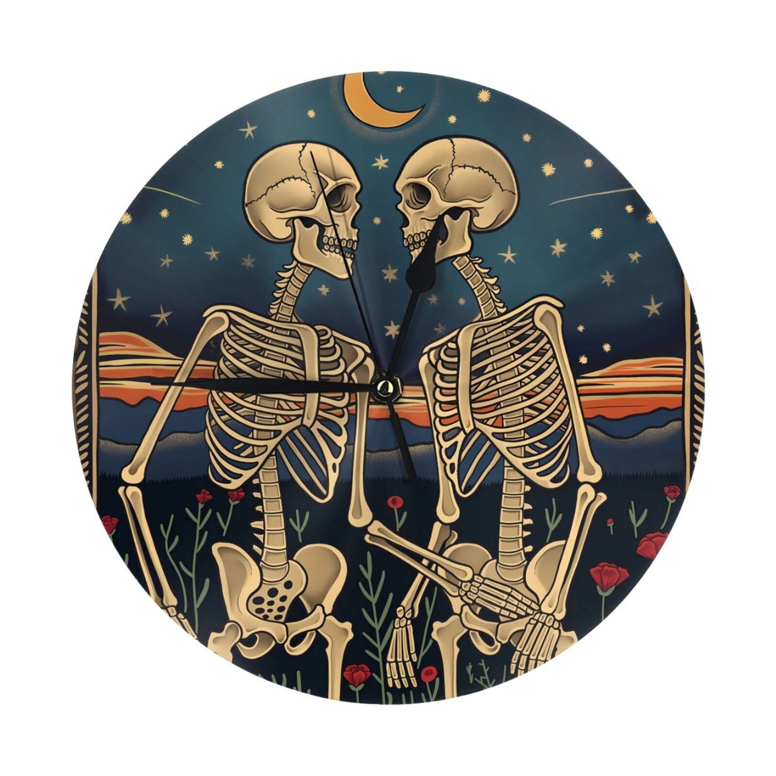 Wall Clock - Romantic Skeletons Under Moon 9.8 Inch Silent Non Ticking ...