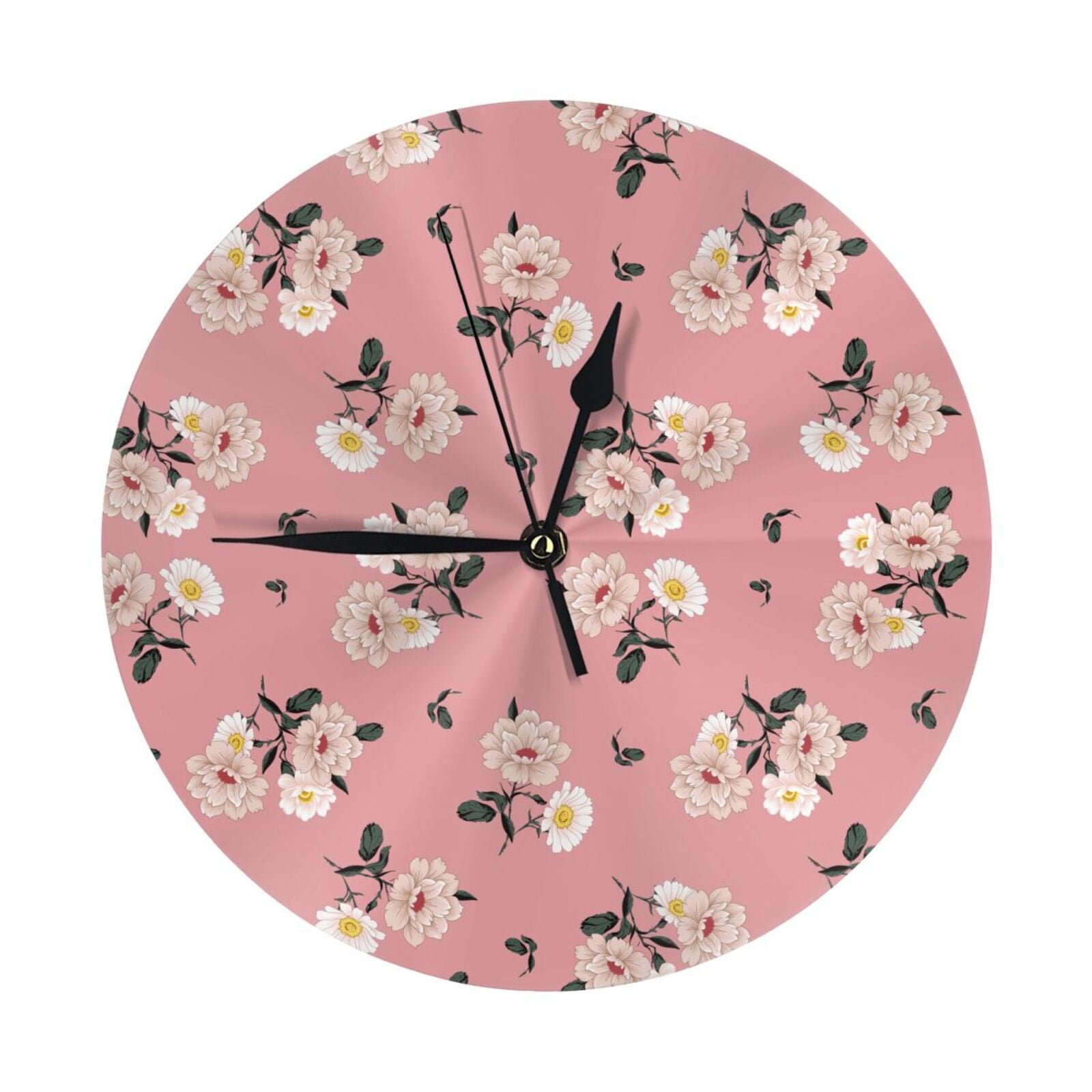 Wall Clock Rose Flowers Pink Wall Clocks Battery Operated, Modern Wall ...