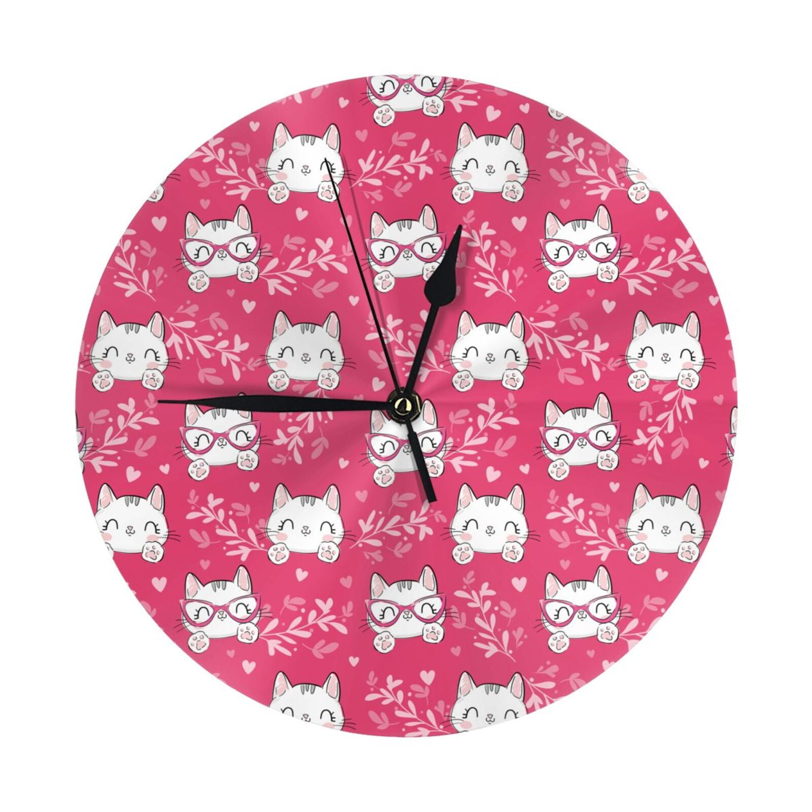 Wall Clock, Rose Red Cute Smiling Cartoon Cat Wall Clocks Battery ...