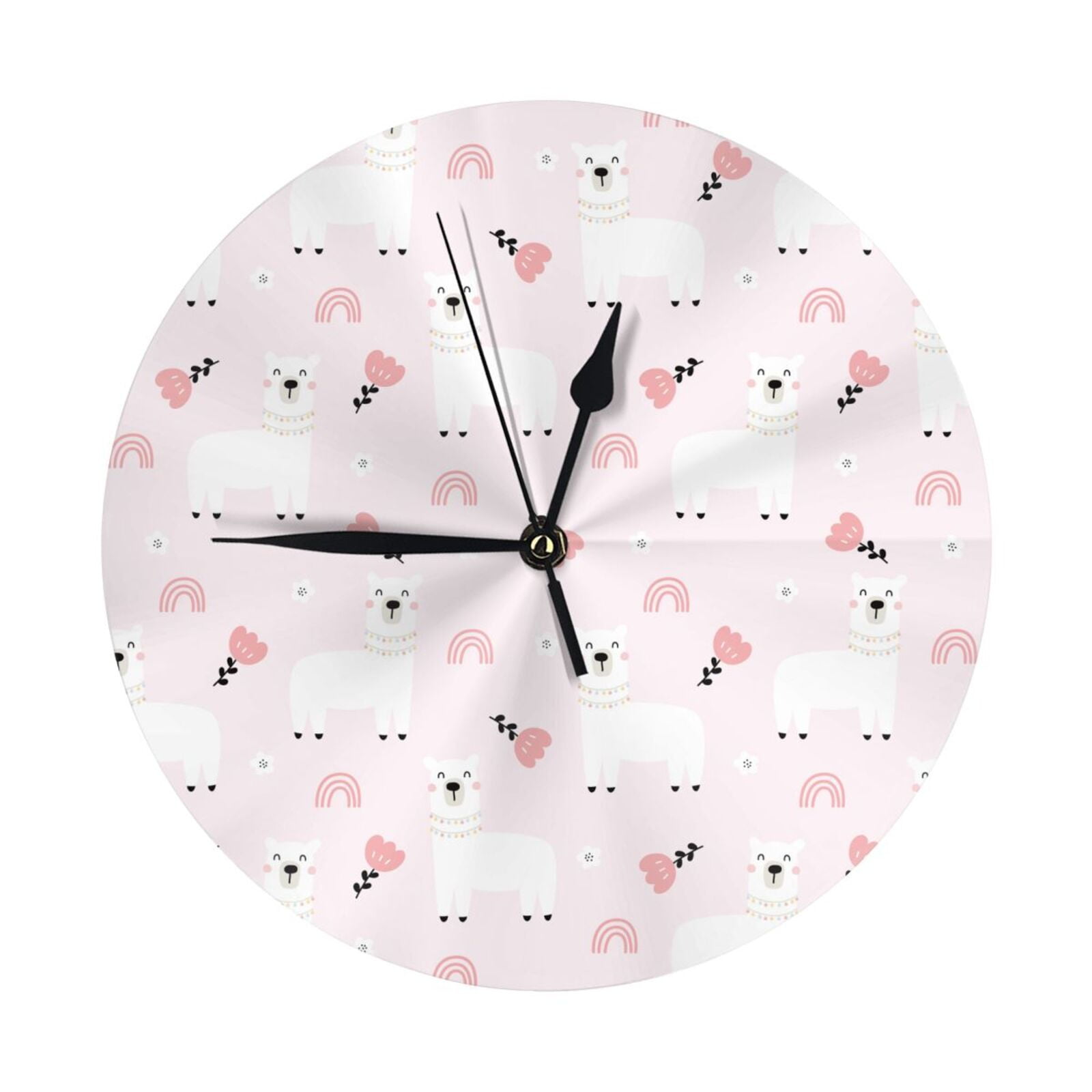 Wall Clock, Rustic Cartoon Cute Alpaca Flower Wall Clocks Battery ...