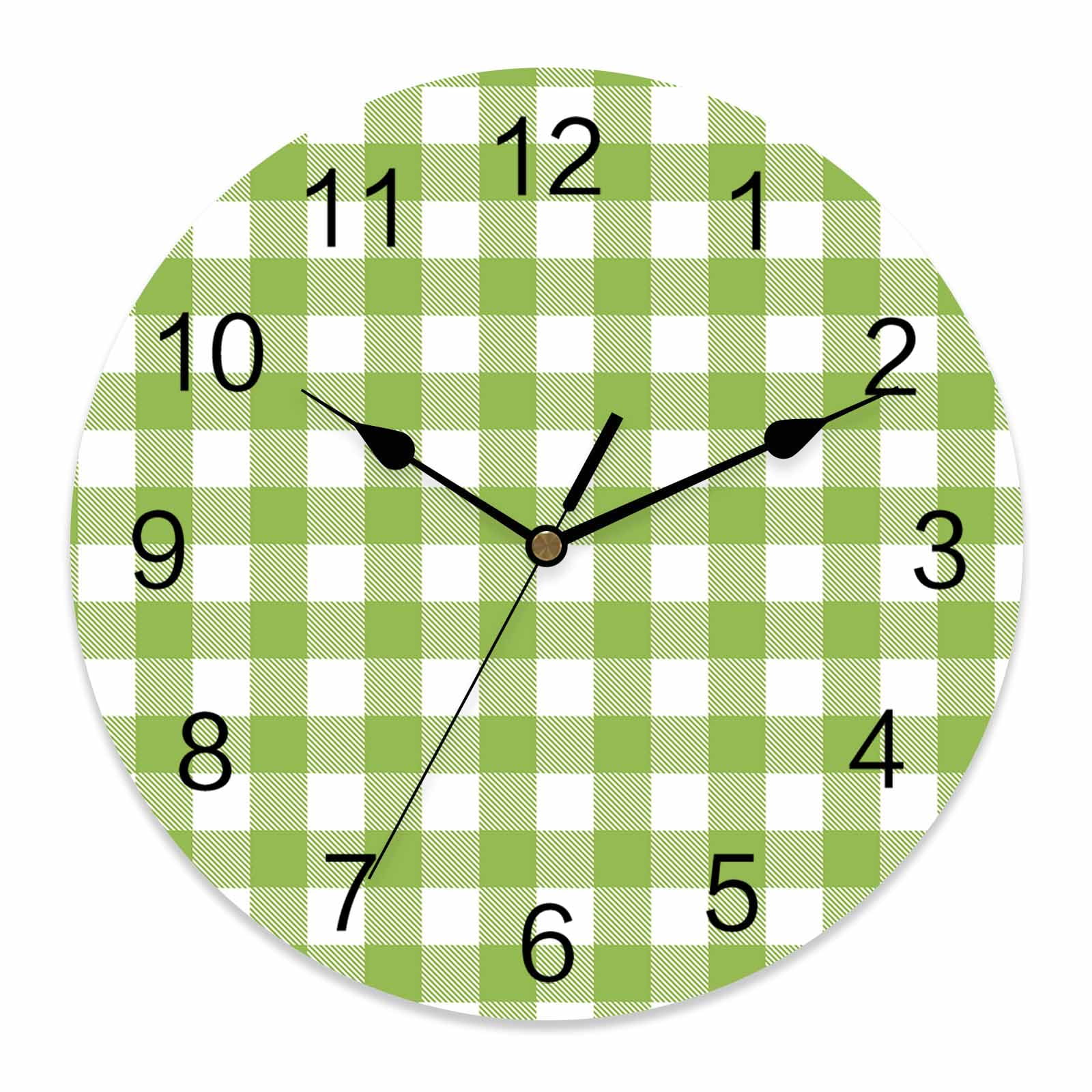Wall Clock Sage Green Buffalo Check Plaid Clocks PVC Silent Non-Ticking ...