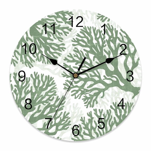 Wall Clock Sage Green Coastal Coral Clocks PVC Silent Non-Ticking ...