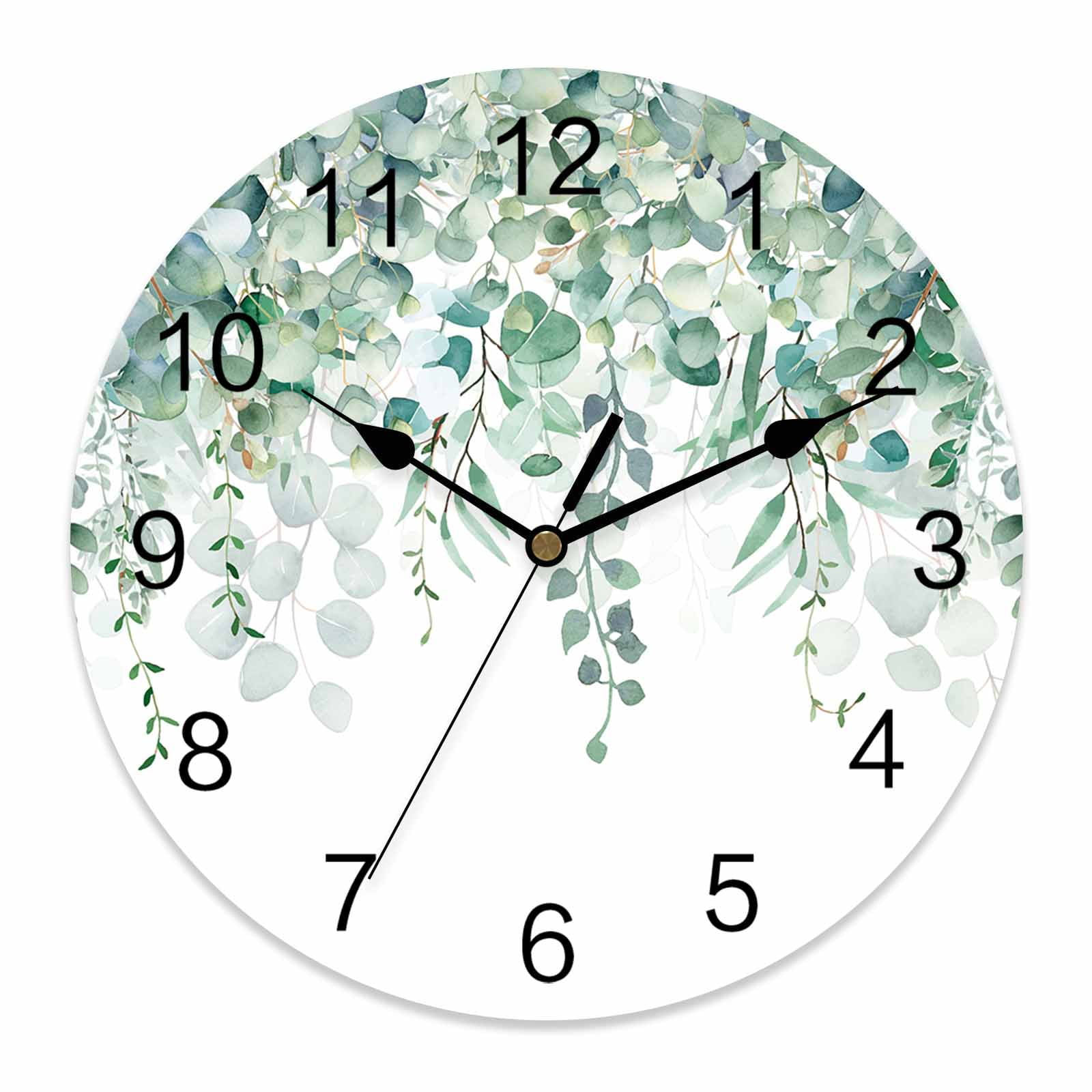 Wall Clock Sage Green Eucalyptus Clocks PVC Silent Non-Ticking Battery ...