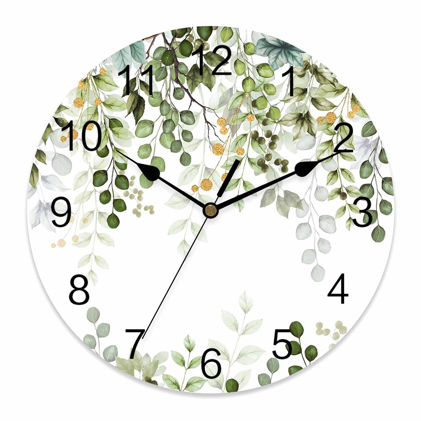 Wall Clock Sage Green Eucalyptus Leaves Clocks PVC Silent Non-Ticking ...