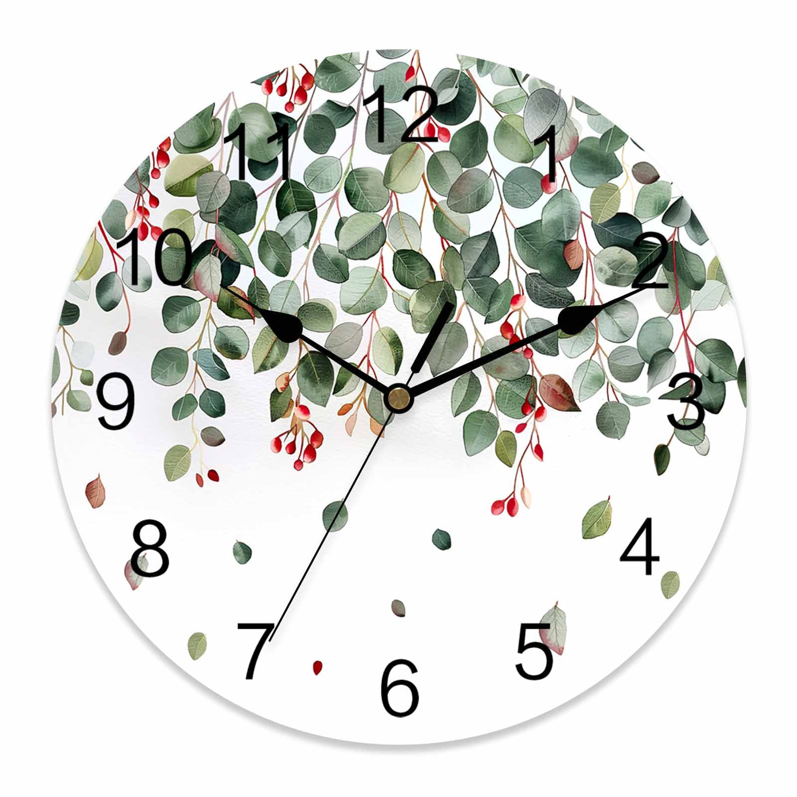 Wall Clock Sage Green Leaves Clocks PVC Silent Non-Ticking Battery ...