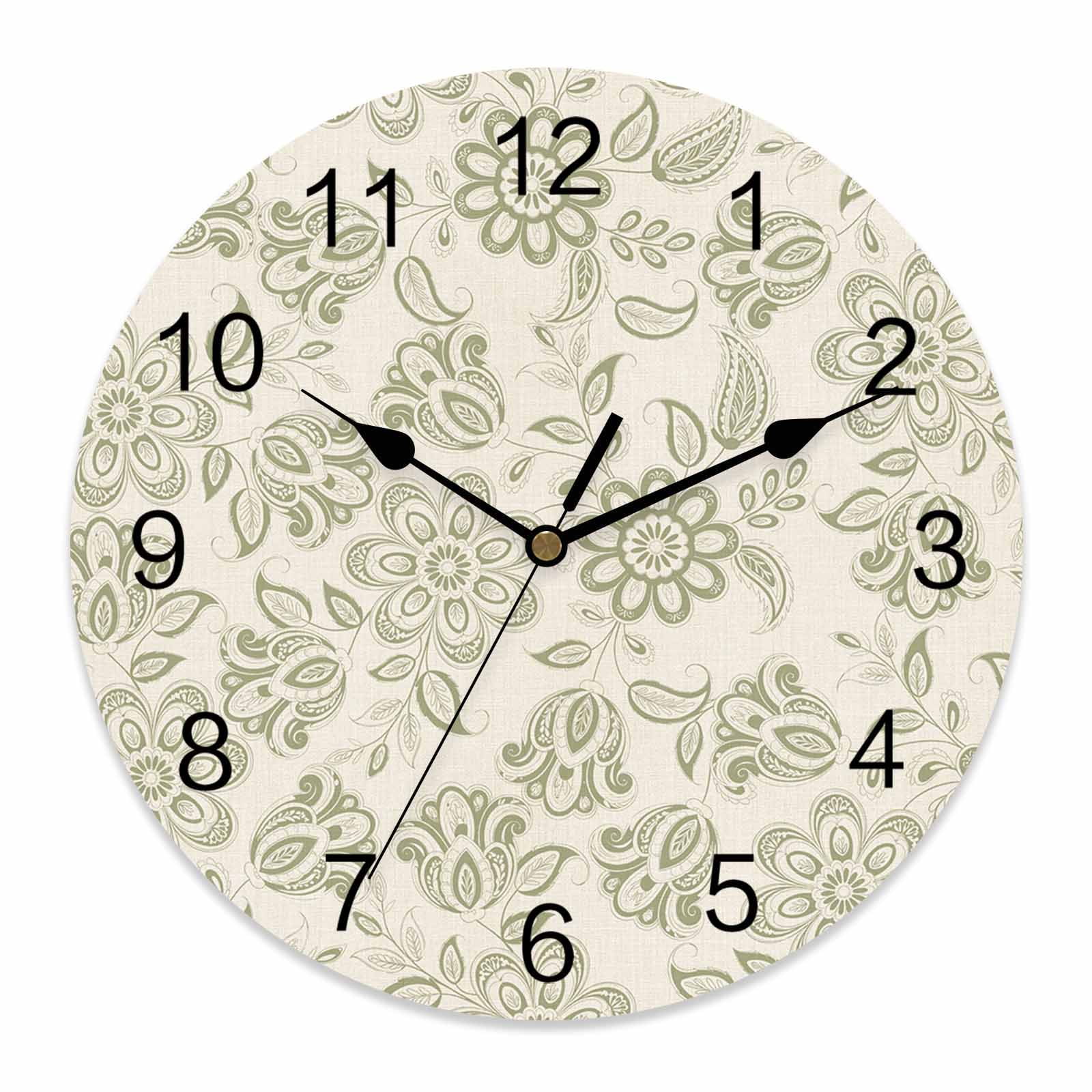 Wall Clock Sage Green Paisley Floral Clocks PVC Silent Non-Ticking ...