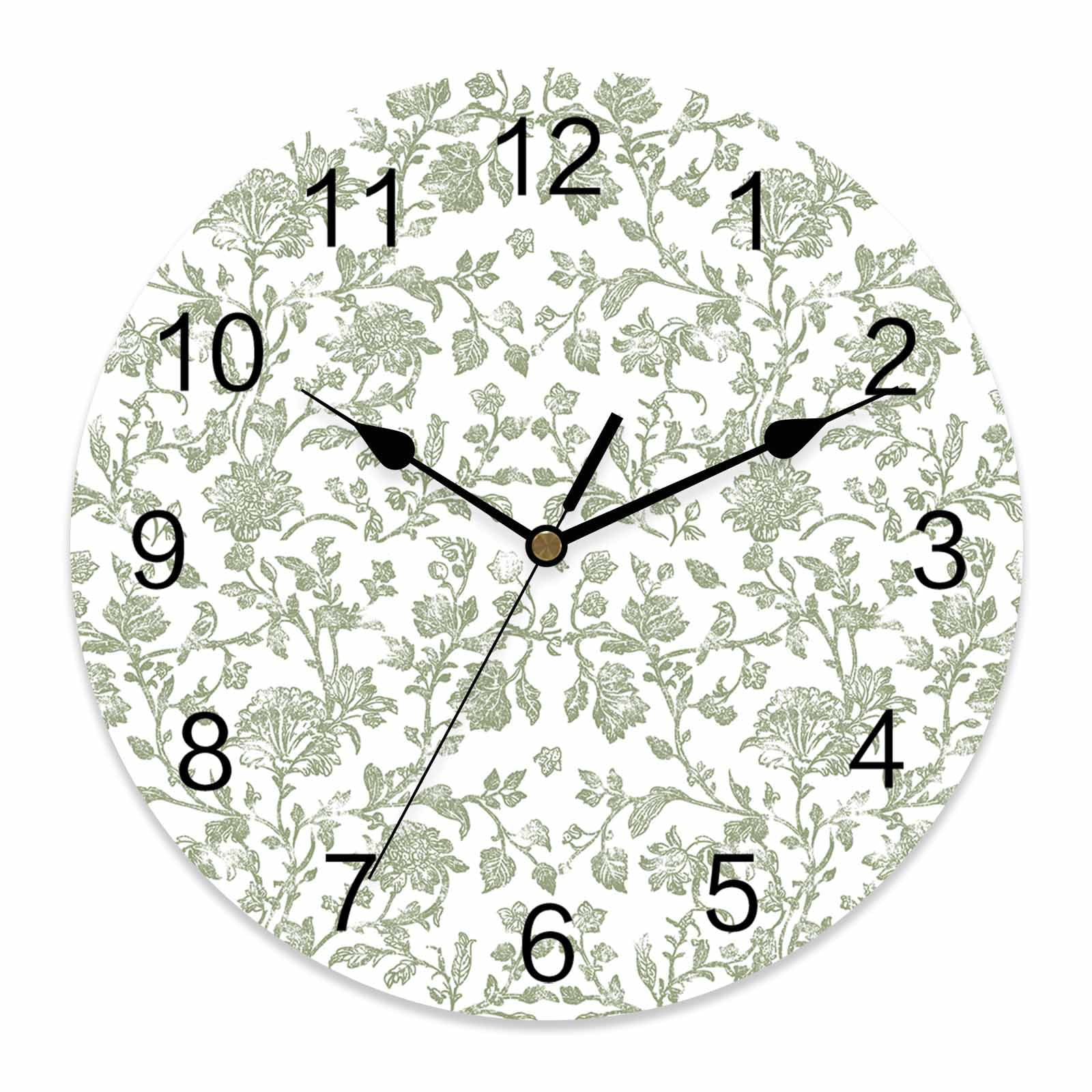 Wall Clock Sage Green Pastoral Flower Clocks PVC Silent Non-Ticking ...