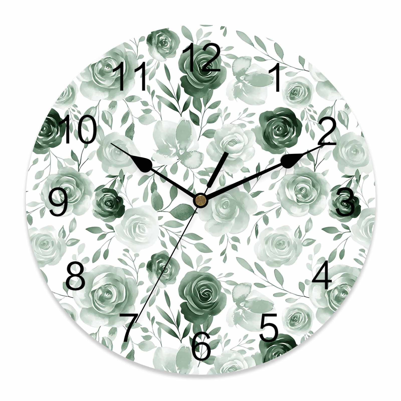 Wall Clock Sage Green Rose Clocks PVC Silent Non-Ticking Battery ...
