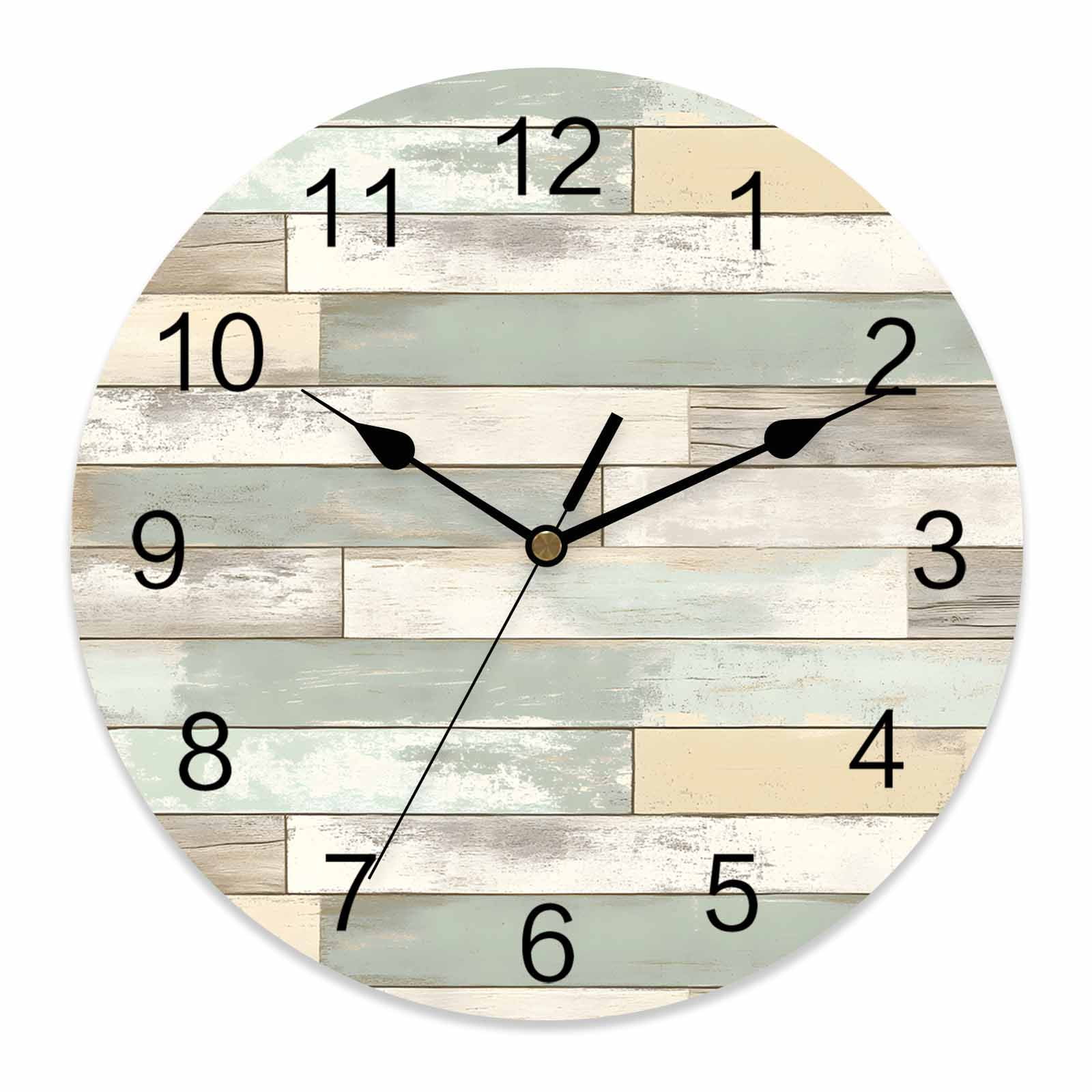 Wall Clock Sage Green Wood Grain Clocks PVC Silent Non-Ticking Battery ...