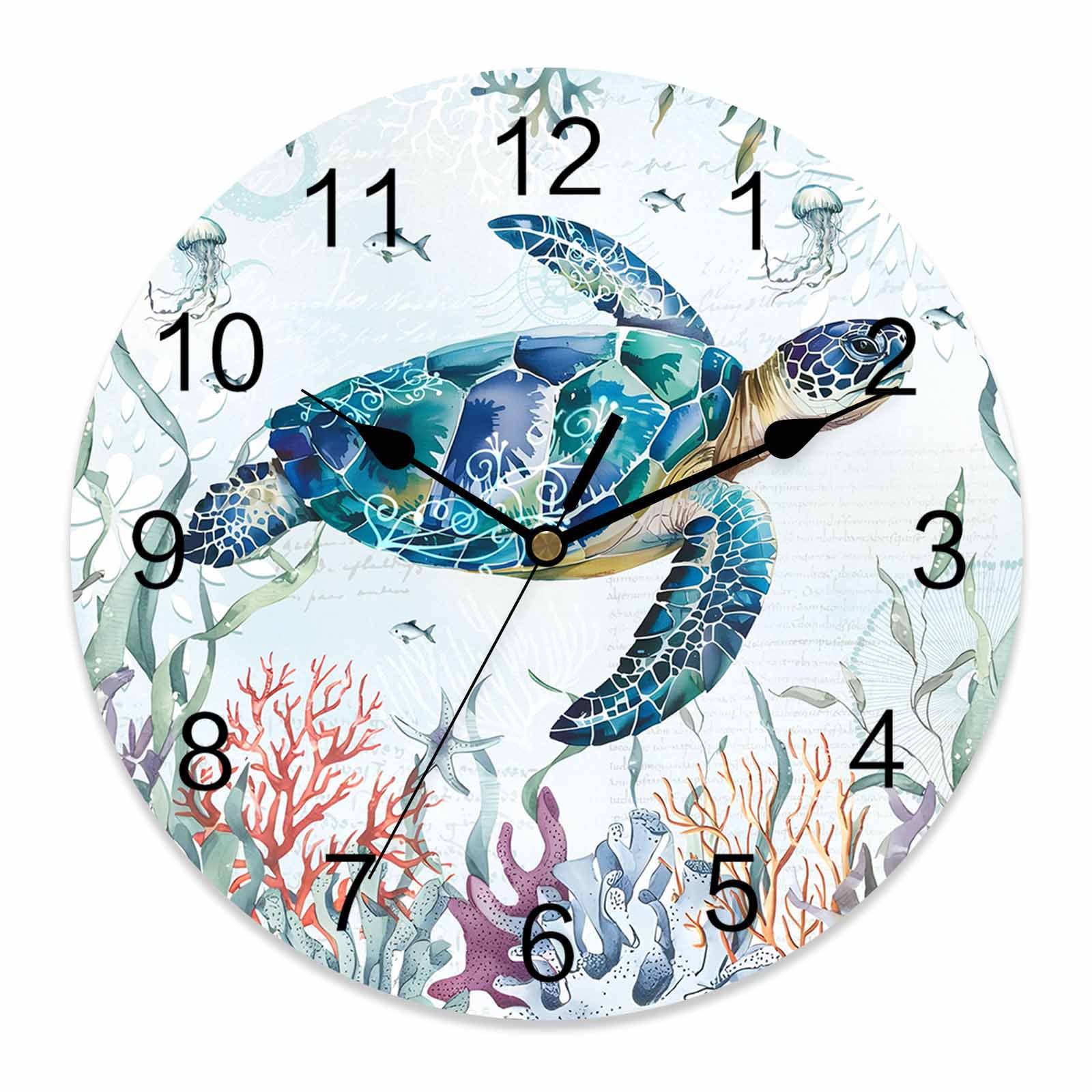 Wall Clock Sea Turtle Clocks PVC Silent Non-Ticking Battery Operated ...