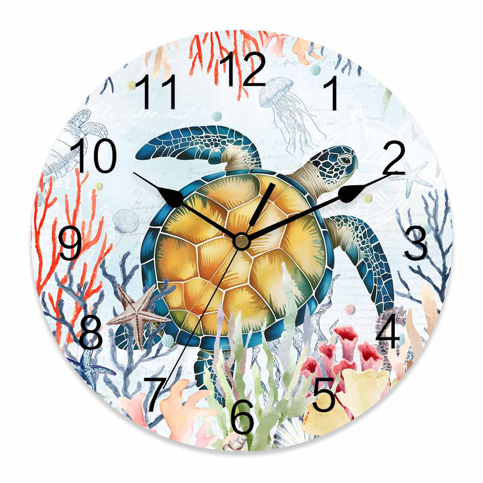 Wall Clock Sea Turtle Clocks PVC Silent Non-Ticking Battery Operated ...