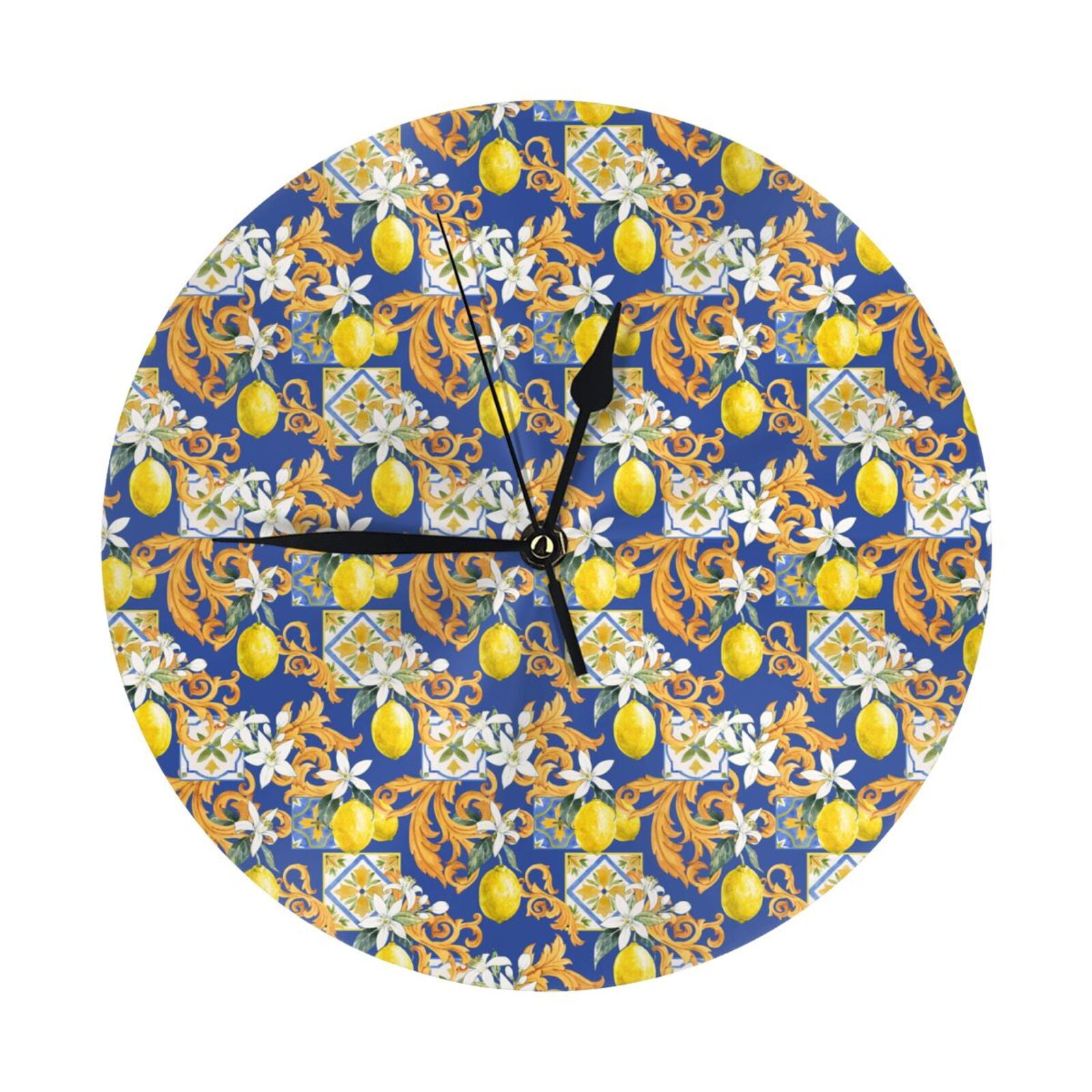 Wall Clock, Sicilian style golden lemon navyblue Wall Clocks Battery ...