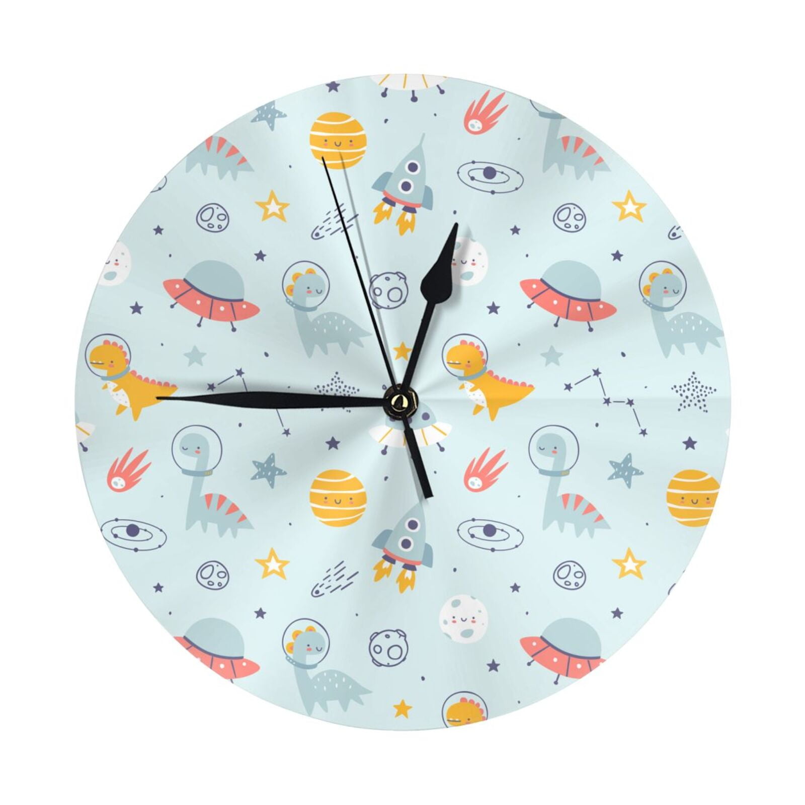 Wall Clock - Space With Dino Astronauts 9.8 Inch Silent Non Ticking ...