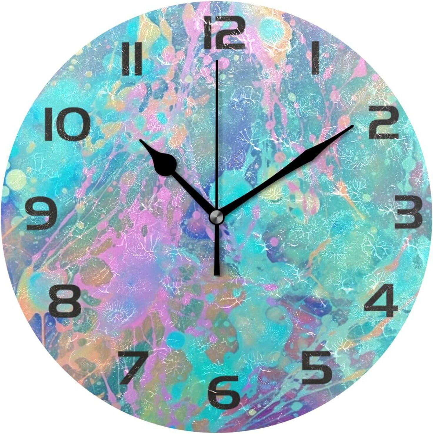 Wall Clock Splatter Painting 10 Inch Silent Non Ticking Quality Quartz ...