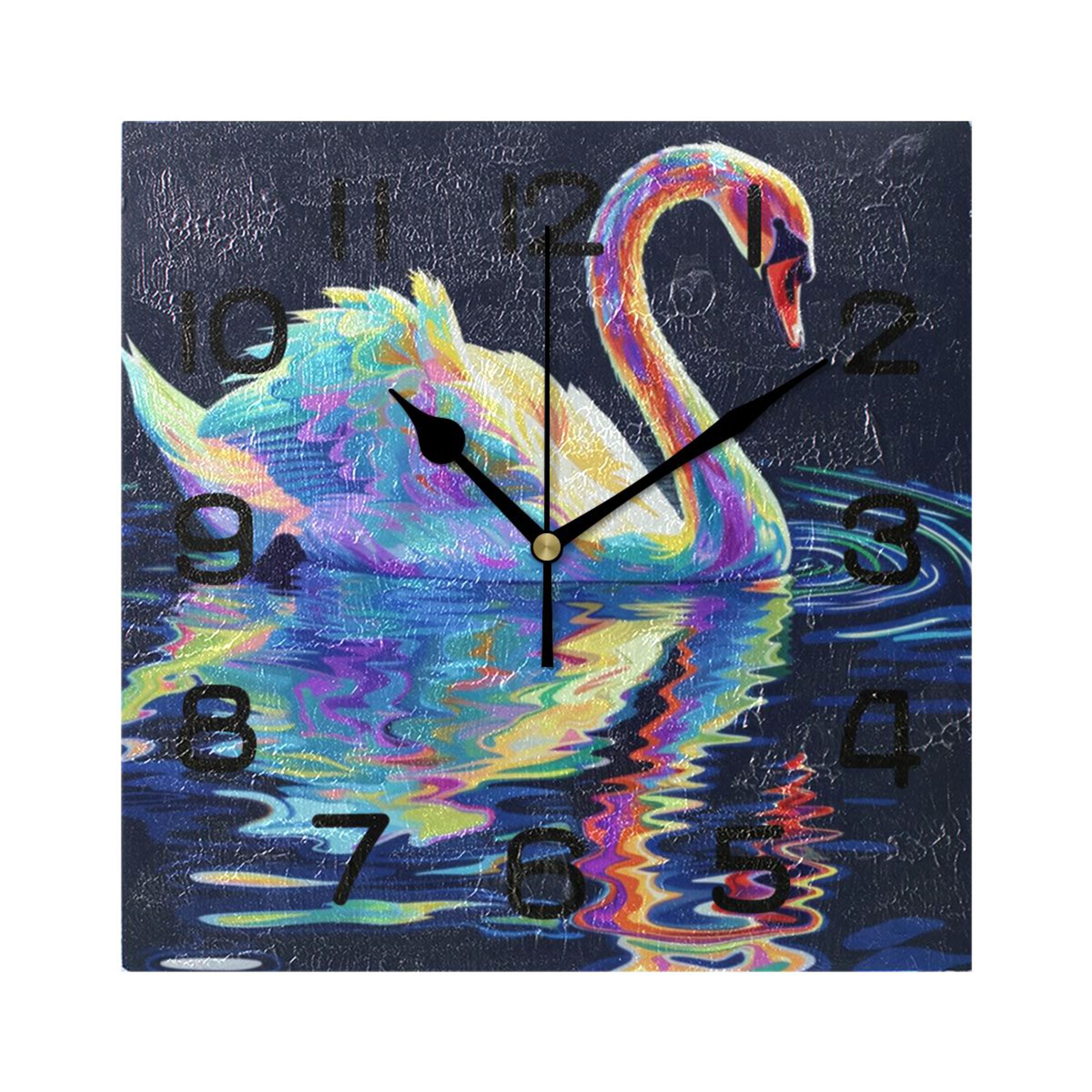 Wall Clock Square Silent Non-Ticking A Beautiful Swan Retro Battery ...