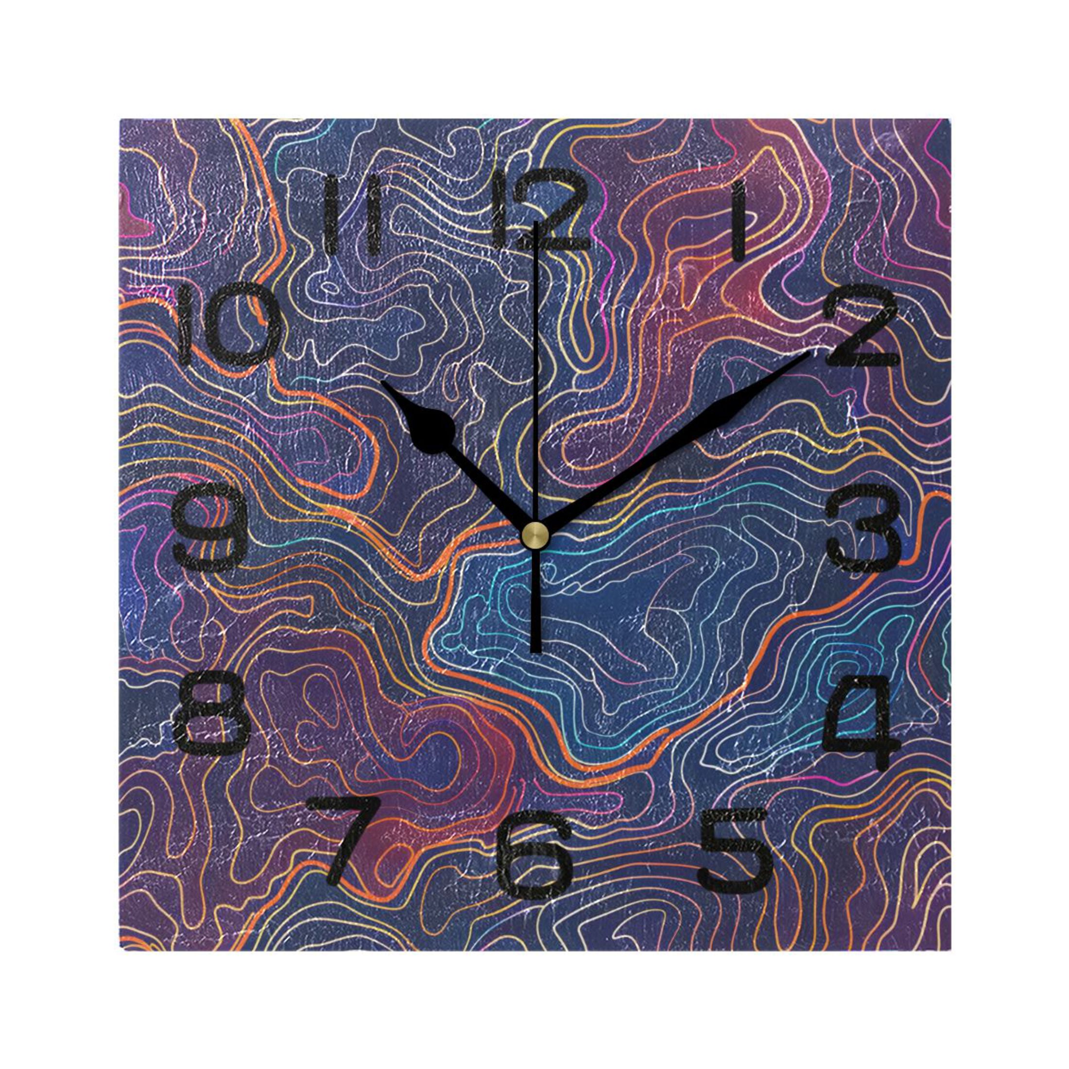 Wall Clock Square Silent Non-Ticking Abstract Swirl Lines Retro Battery ...
