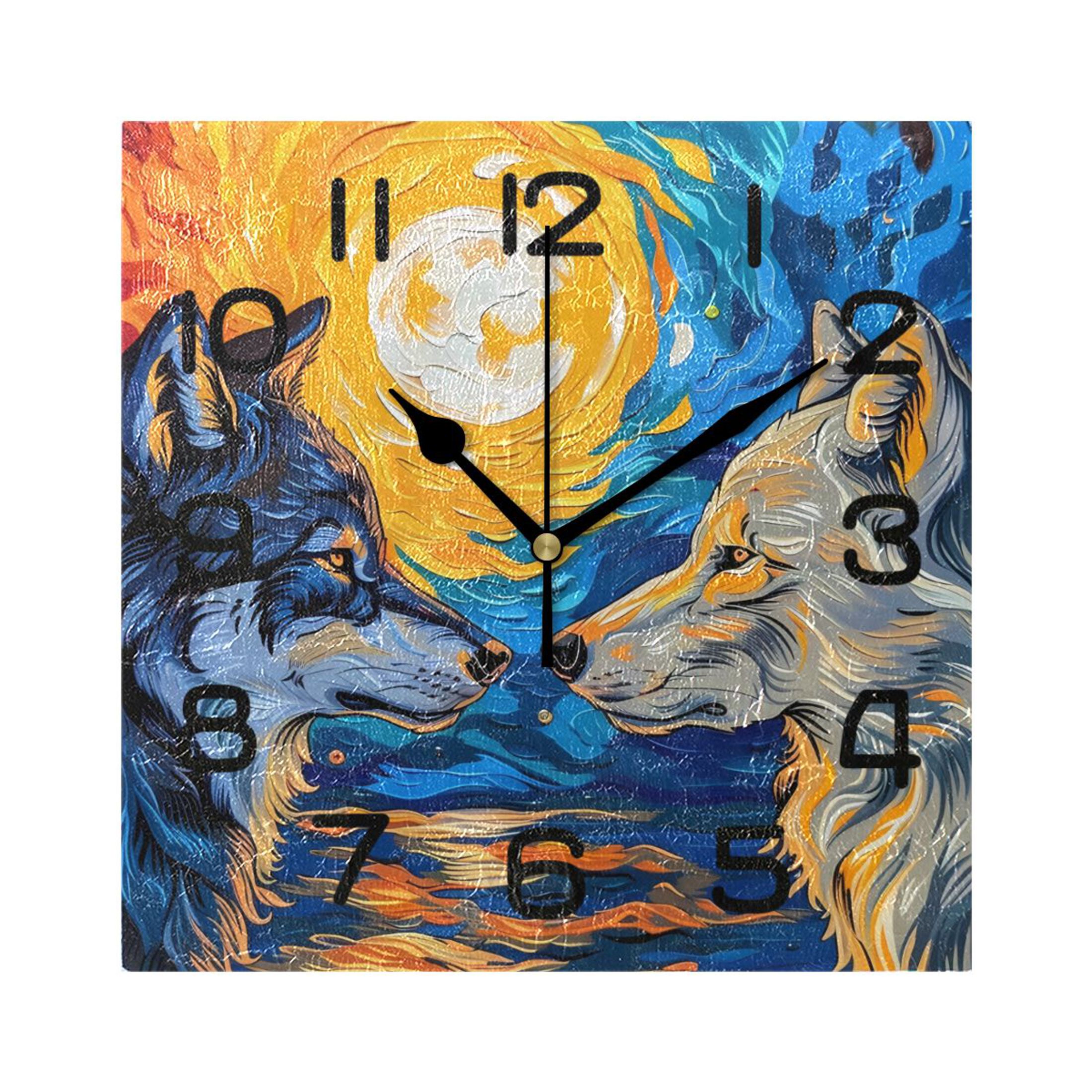 Wall Clock Square Silent Non-Ticking Artistic Wolves with Starry Sky ...