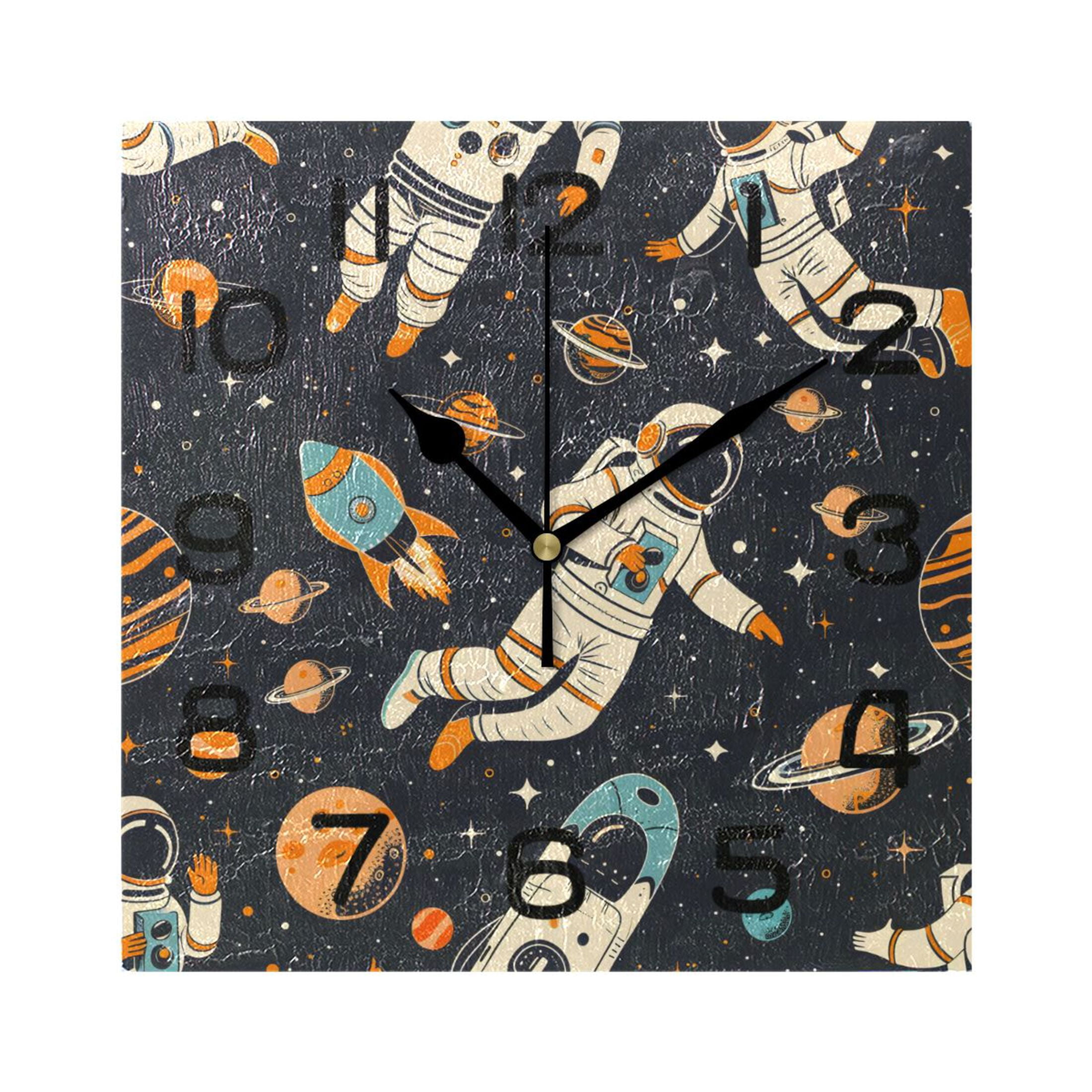 Wall Clock Square Silent Non-Ticking Astronauts Space Universe Planets ...
