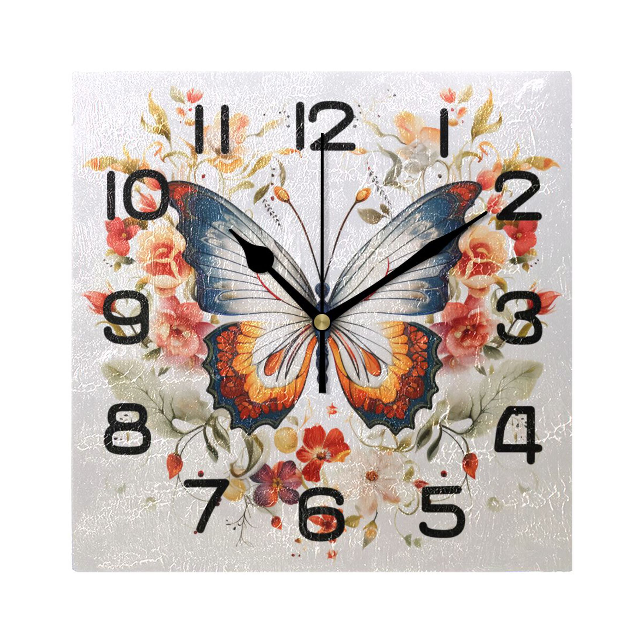 Wall Clock Square Silent Non-Ticking Beautiful Floral on A Butterfly ...