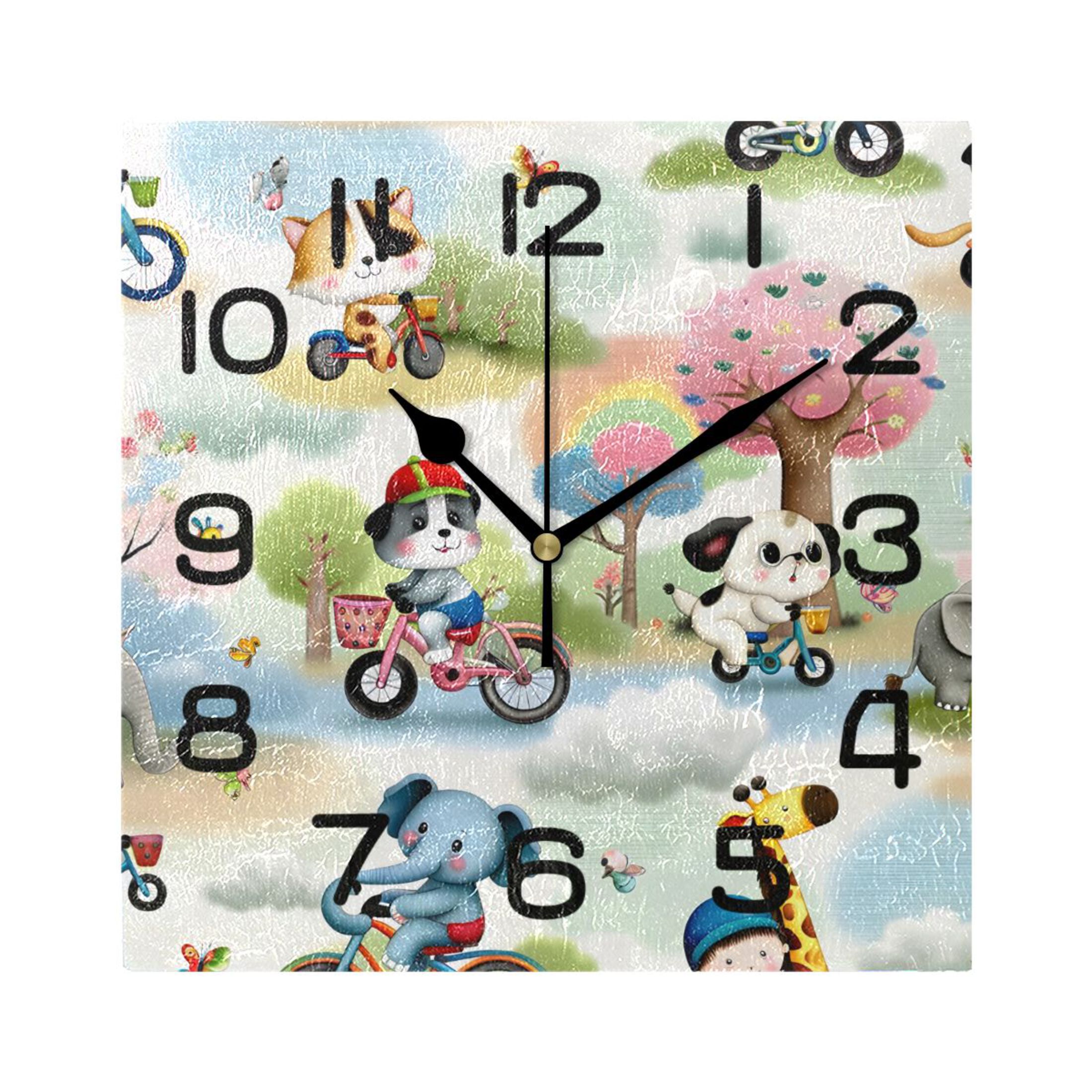Wall Clock Square Silent Non-Ticking Cartoon Animals Riding Bicycle ...
