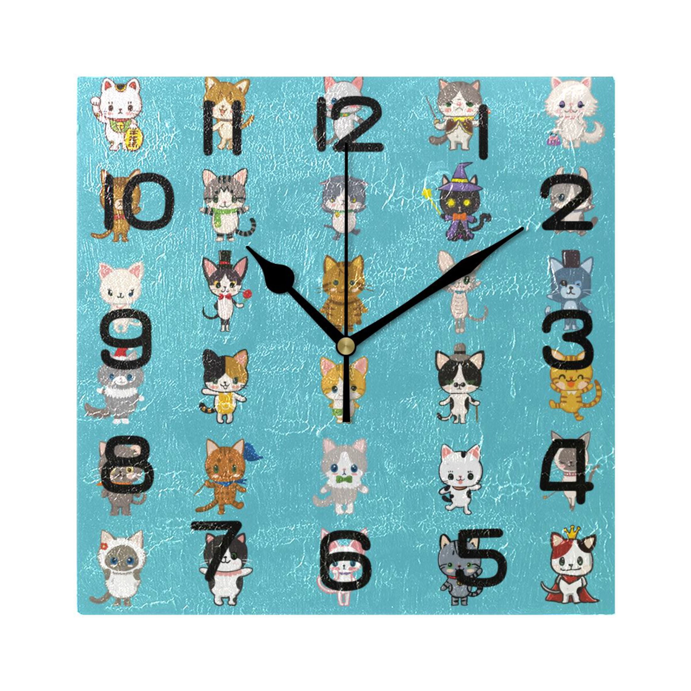 Wall Clock Square Silent Non-Ticking Cartoon Cute Cats Retro Battery ...
