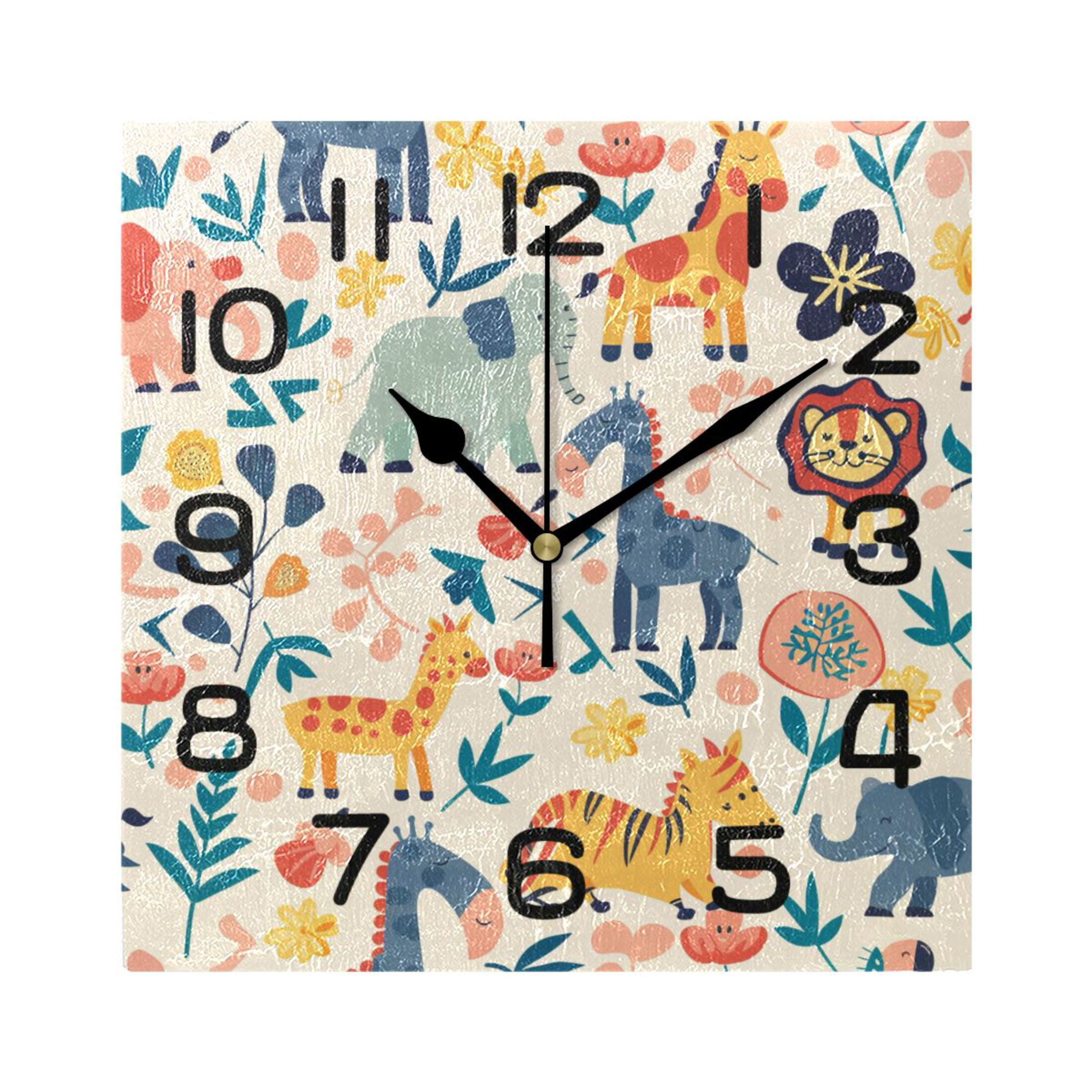 Wall Clock Square Silent Non-Ticking Cartoon Cute Elephant Giraffe Retro Battery Operated Clock ...