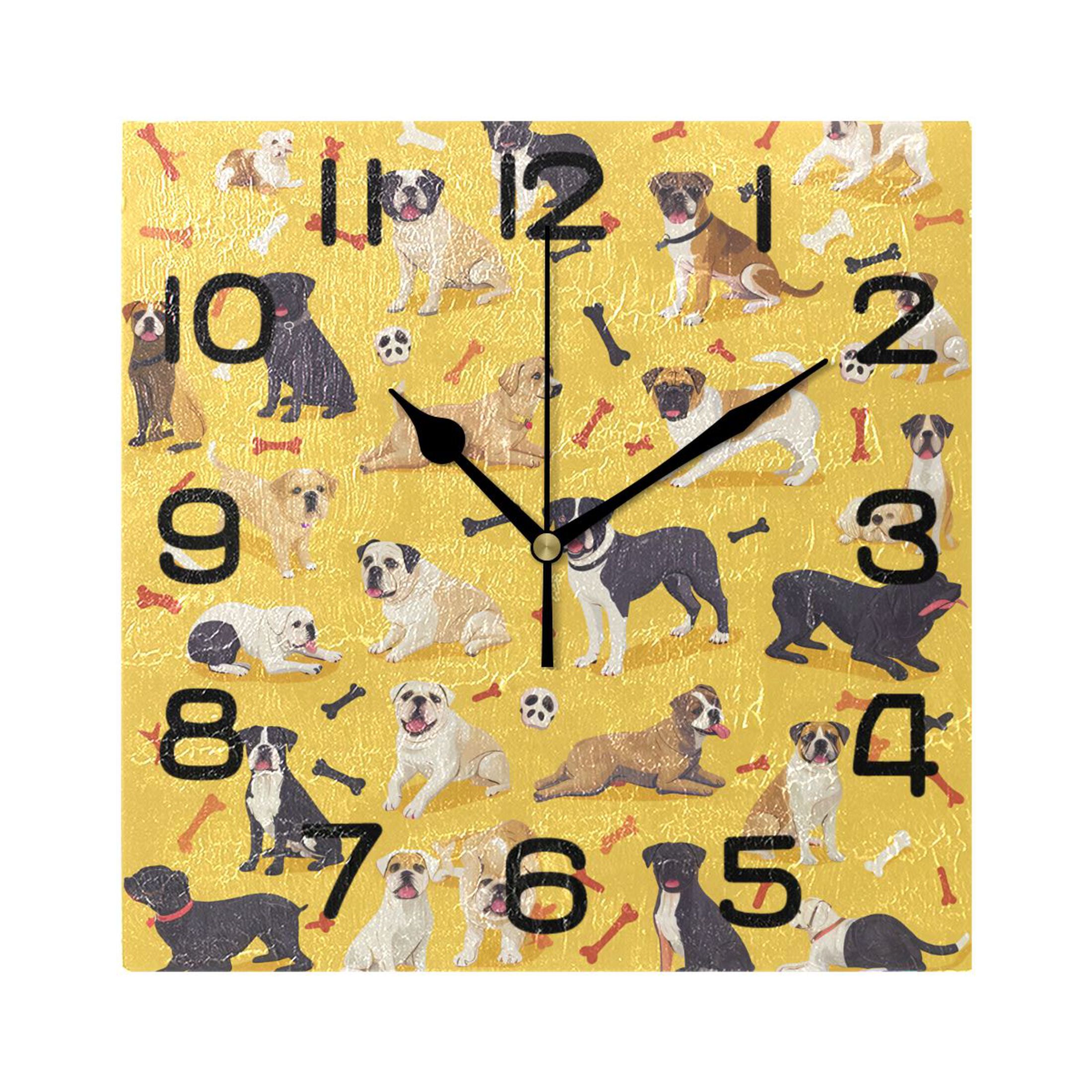 Wall Clock Square Silent Non-Ticking Cartoon Different Dogs Bones Retro ...