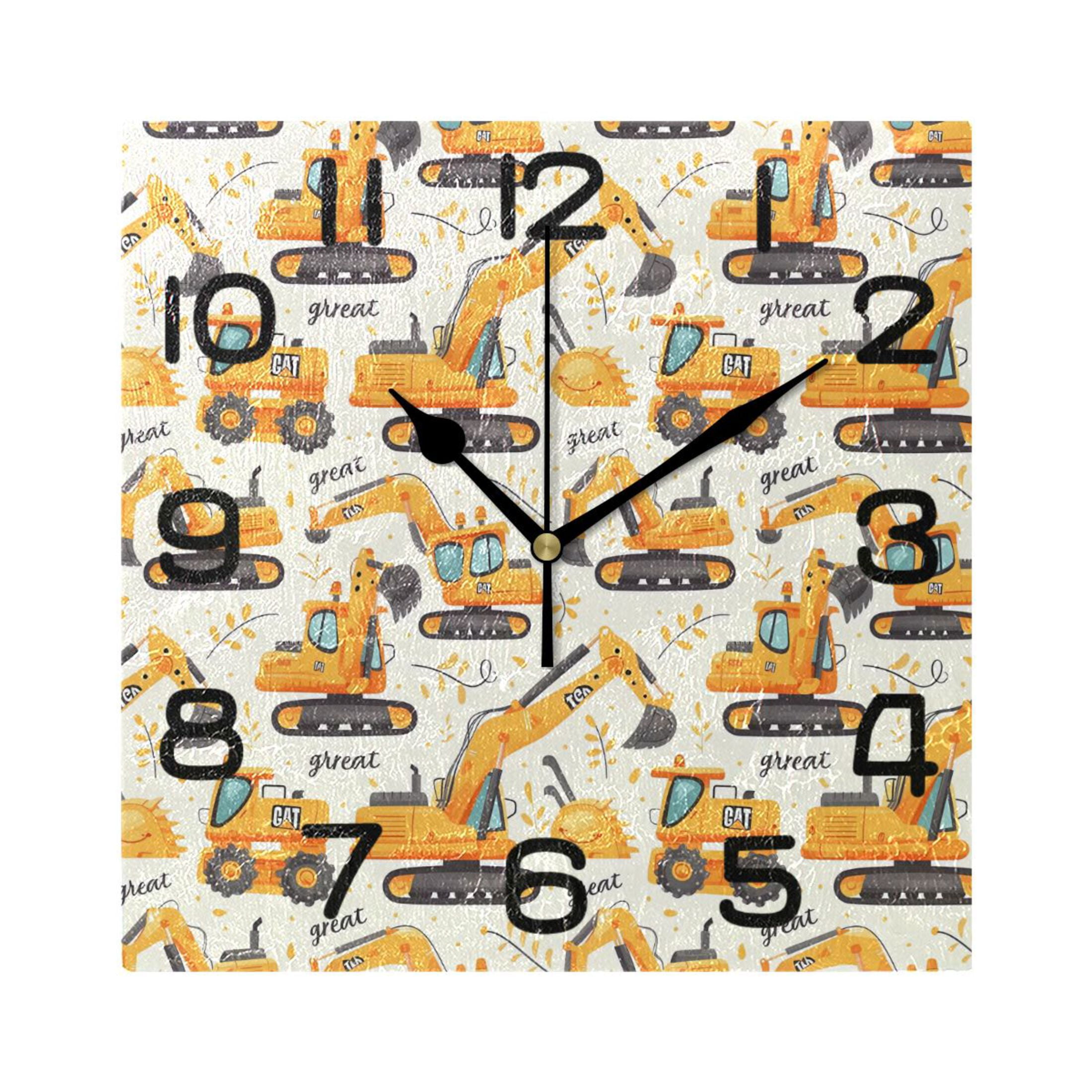 Wall Clock Square Silent Non-Ticking Cartoon Excavators Cute Retro ...