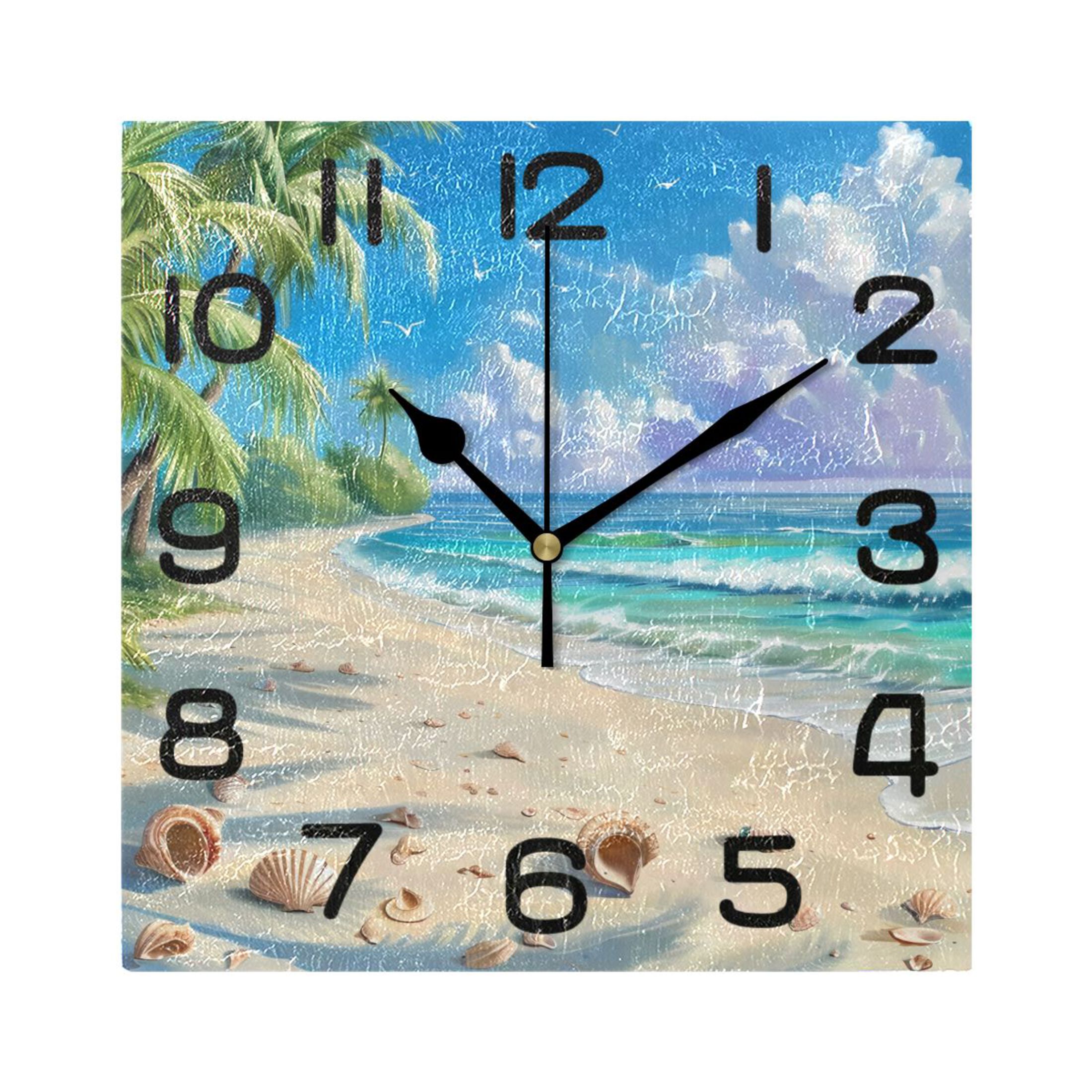 Wall Clock Square Silent Non-Ticking Coconut Tree on Beach Retro ...