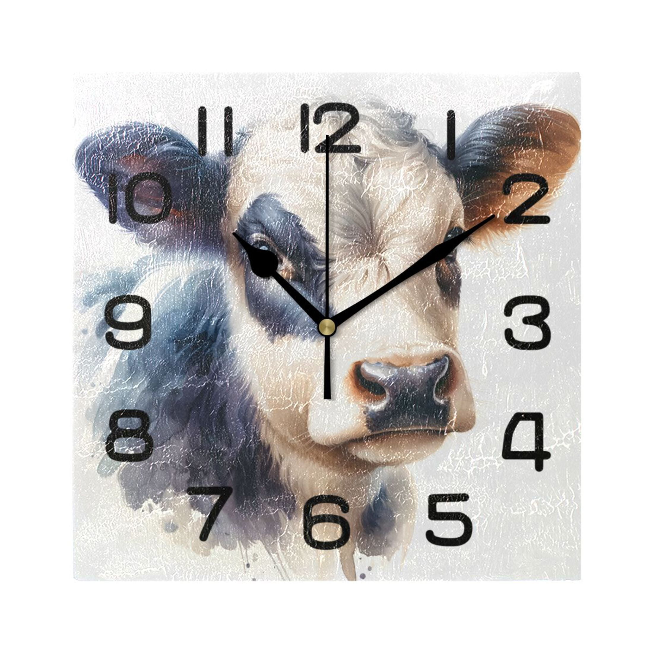 Wall Clock Square Silent Non-Ticking Cow Watercolor Retro Battery ...