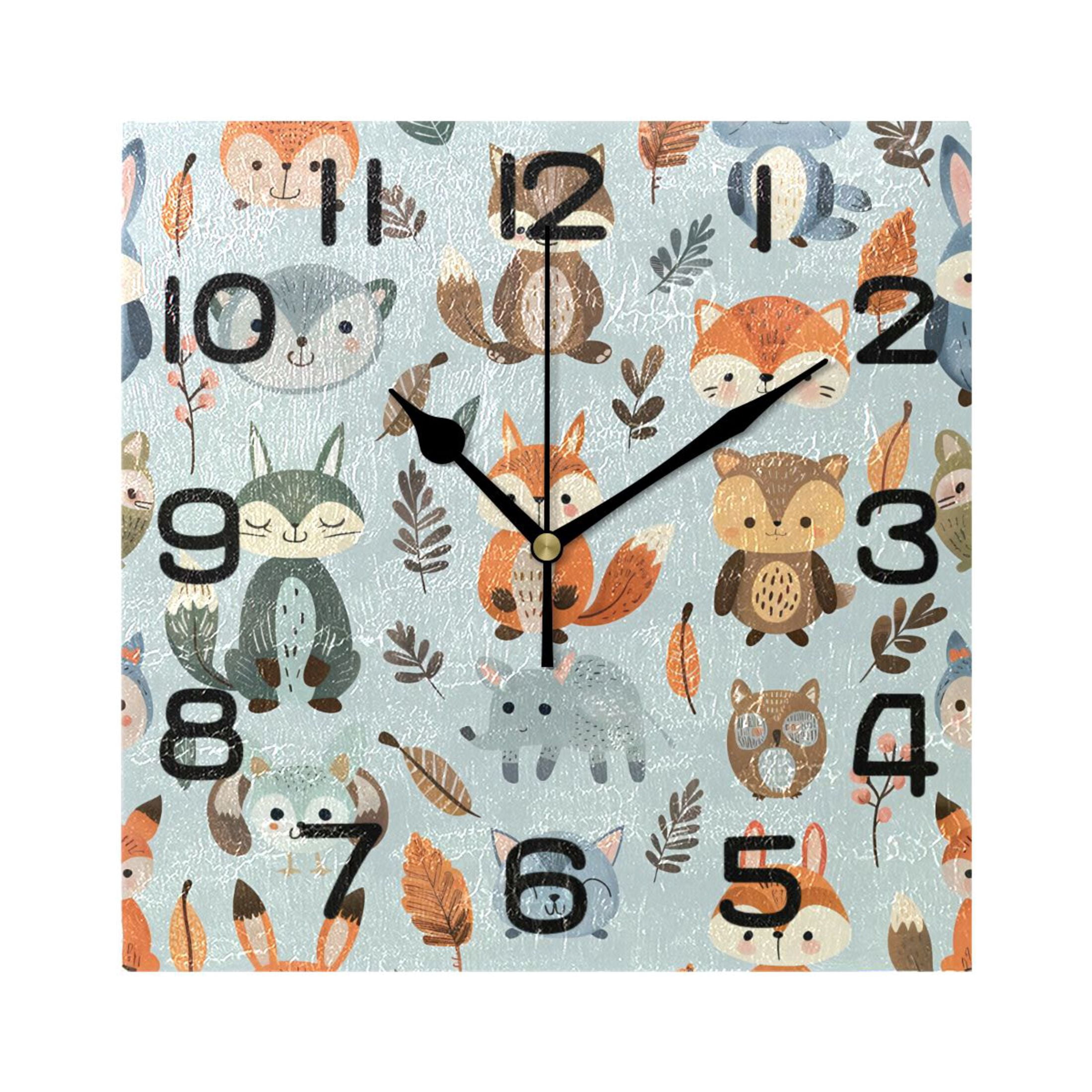 Wall Clock Square Silent Non-Ticking Cute Cartoon Fox Retro Battery ...