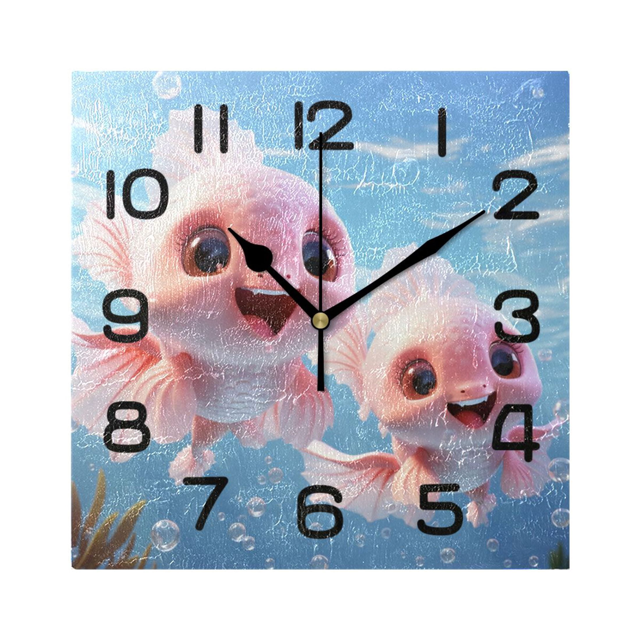 Wall Clock Square Silent Non-Ticking Cute Fish in Ocean Retro Battery ...